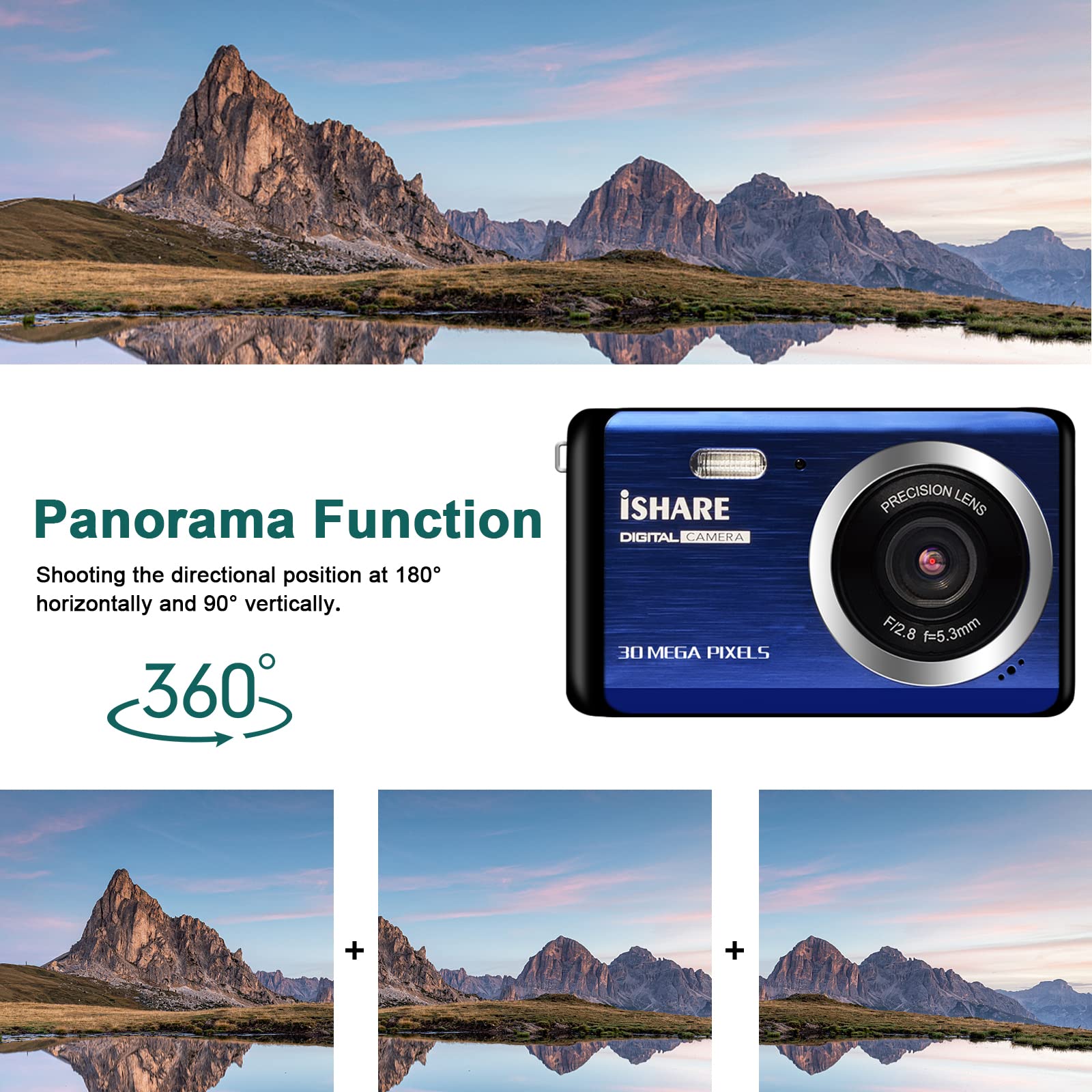 ISHARE Digital Camera for Photography, Rechargeable 30MP Point and Shoot Camera with 2.8" LCD 18X Digital Zoom for Kids Teens Elders(32GB Card & 2*Battery)