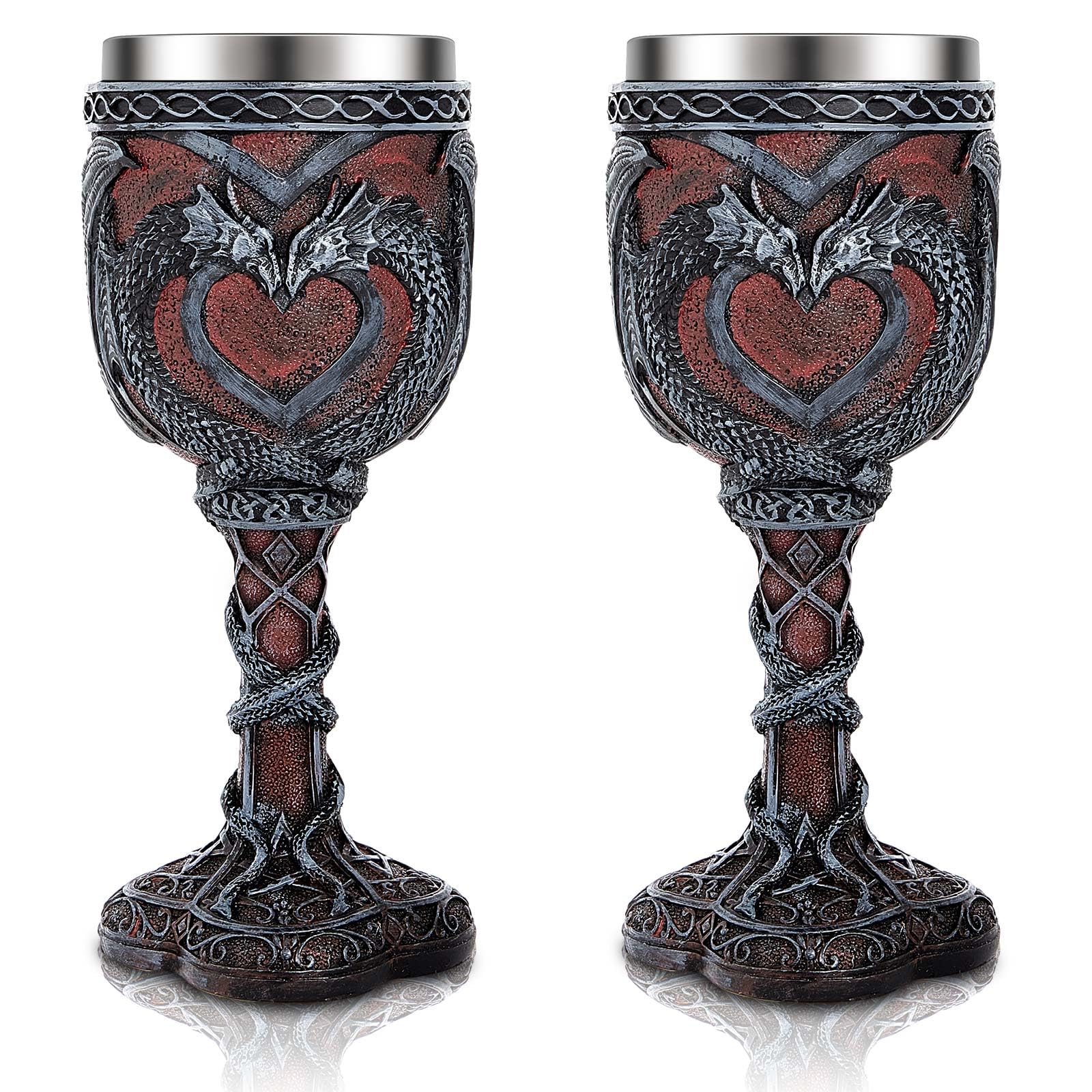 Jinei 2 Pcs Medieval Dragon Wine Goblet Valentines Dragons Wine Chalice 7 oz Resin Dragon Cup Gothic Wine Glass Romantic Stainless Steel Drinking Cup for Wedding Girlfriend Wife Presents(Classic)