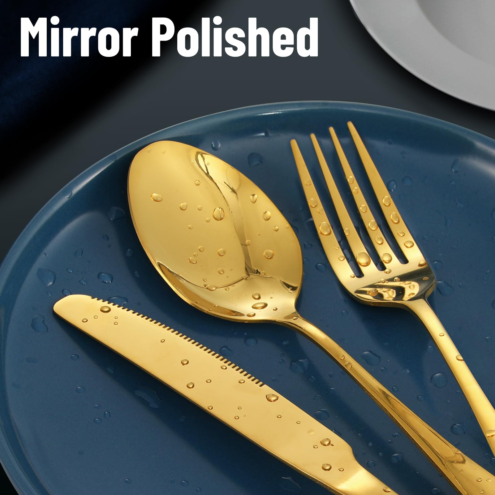 SDOM Silverware Set, Mirror Finish 24-Piece Stainless Steel Rounded Flatware Set for 6, Food-Grade Tableware Cutlery Set, Utensil Sets for Home Restaurant, Dishwasher Safe(Gold)