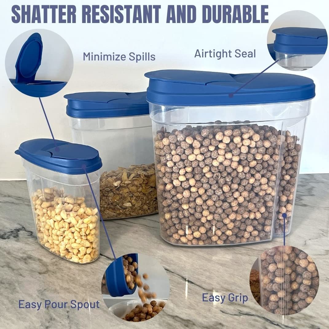 Imperial Home Cereal Dispenser 3 Piece Set, Airtight Plastic Food Storage Containers with Lids, Pantry Organization for Cereal, Flour, Sugar, Any Snack, Keeps Food Dry & Fresh, Clear with Blue Lids