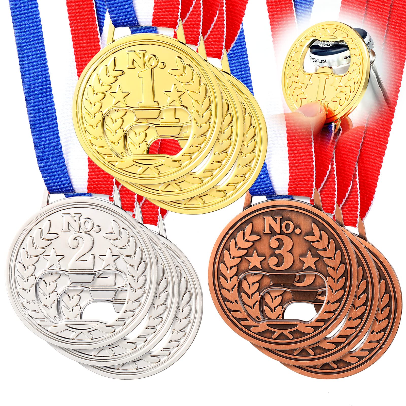 Medal Shaped Flat Bottle Opener Winner Award Metal Wine Beer Opener Gold Silver Copper Medal Olympic Trophy Opener with Neck Ribbon for Bar Bartender Men Kitchen Restaurant Party (9 Pieces)