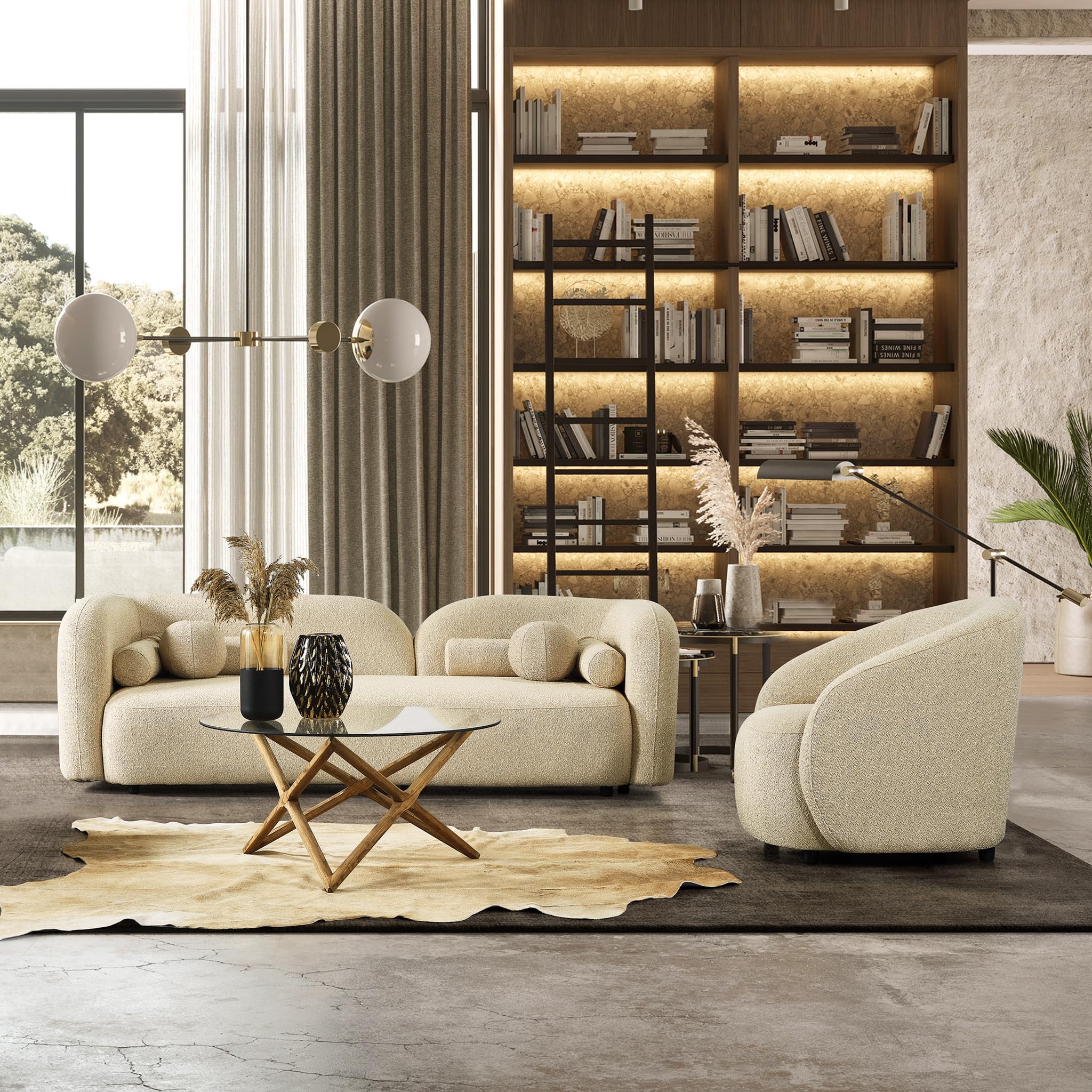 SSC SATISUNCASA Japandi Style Boucle Sofa, Modern Tight Curved Back Sofa, Minimalist Style Comfy Couch for Living Room Apartment (Light Beige + Boucle Tedyy)