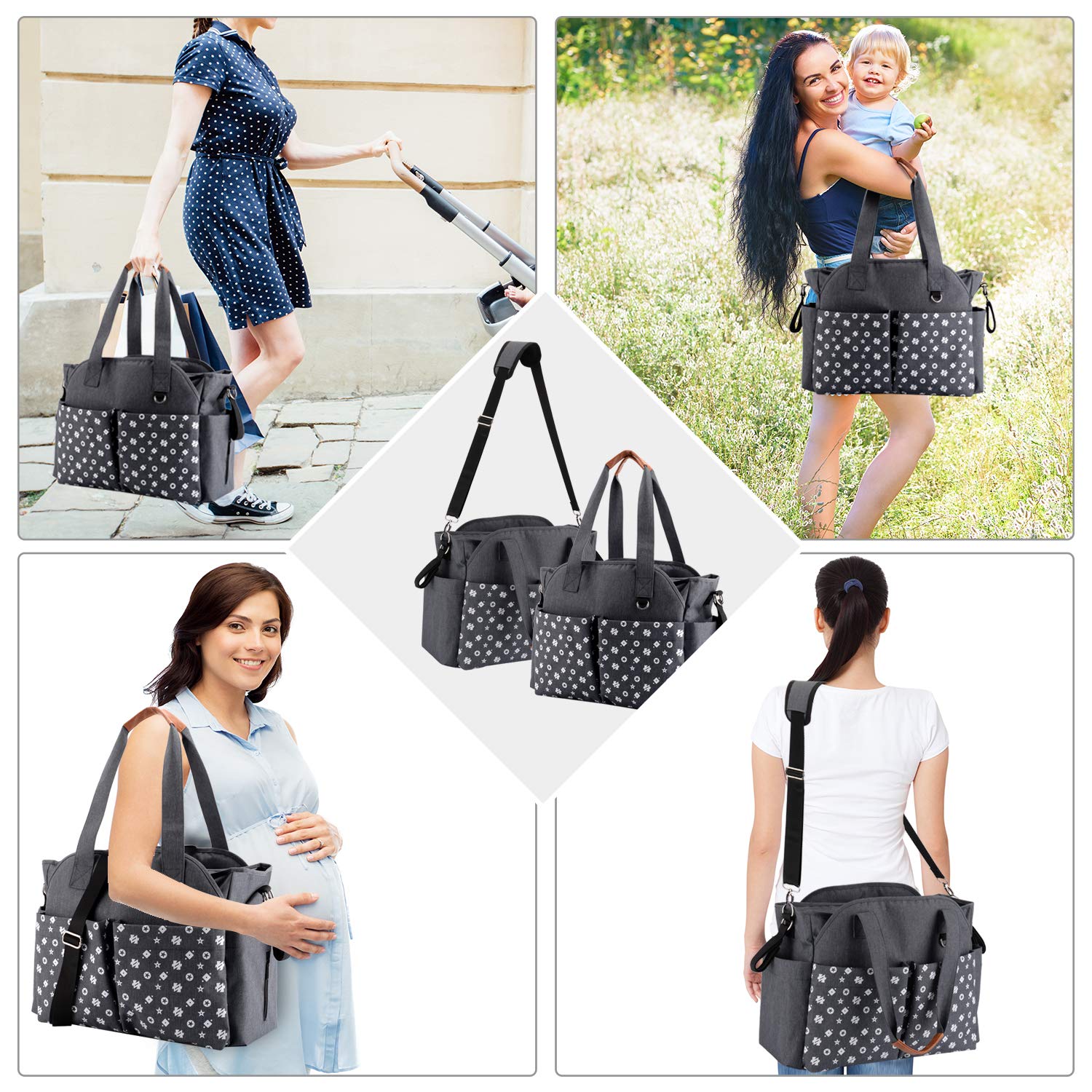 Jenleestar Diaper Tote Bag, Diaper Changing Handbag with Stroller Straps & Shoulder Strap for Hospital & Maternity, Large Capacity Baby Weekender Travel Bag(Grey)