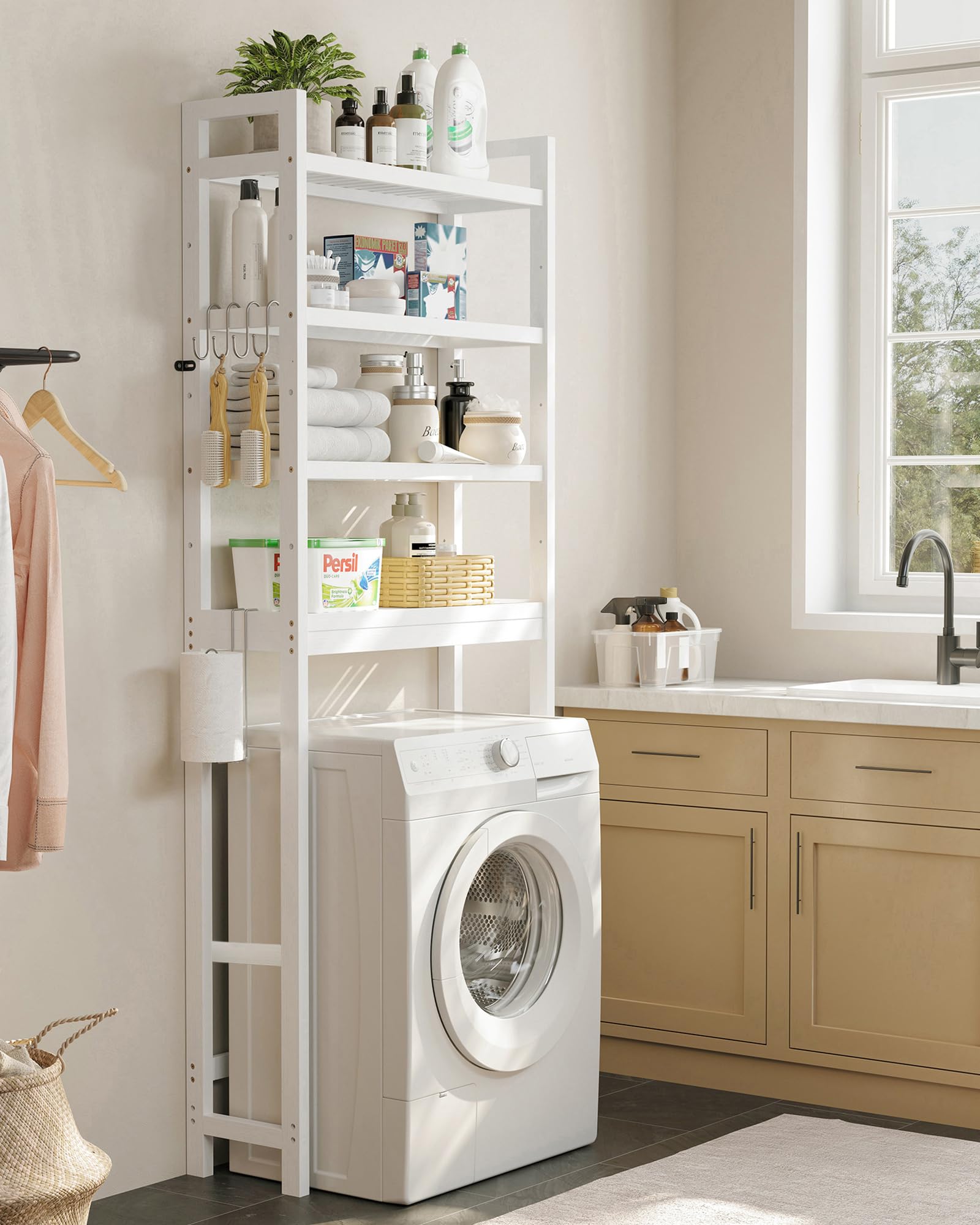 SONGMICS Over The Toilet Storage, 4-Tier Over Toilet Bathroom Organizer with Adjustable Shelf, Fit Most Toilets, Space-Saving, Easy Assembly, Cloud White UBTS041W01