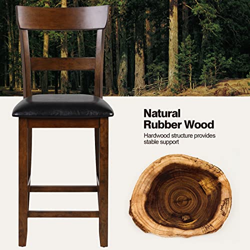 NAFORT Counter Height Bar Stools Set of 4, Farmhouse 25.5β Solid Wood High Dining Chairs with Cushion, Counter Stools with Back for Kitchen Restaurant Bar, Rubberwood Legs & Black PU Leather Cushion