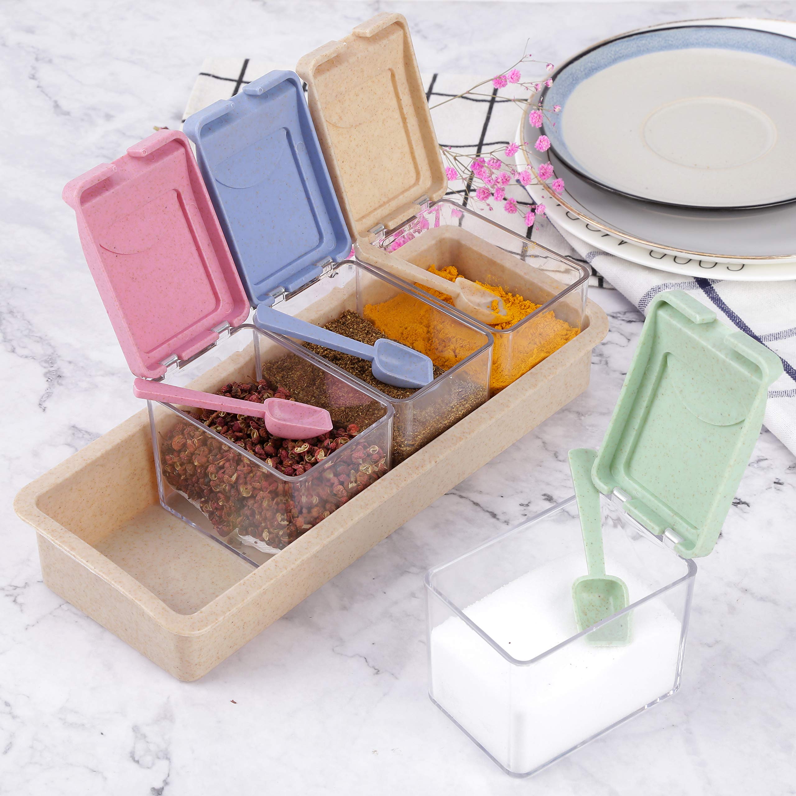 Latauar Clear Seasoning Box and Container with Cover and Spoon, Four Compartment Spice Shaker Jars and Pots, Condiment Cruet Bottle and Storage Organizer Kitchen Supplies, 24×8.6×10.2 cm