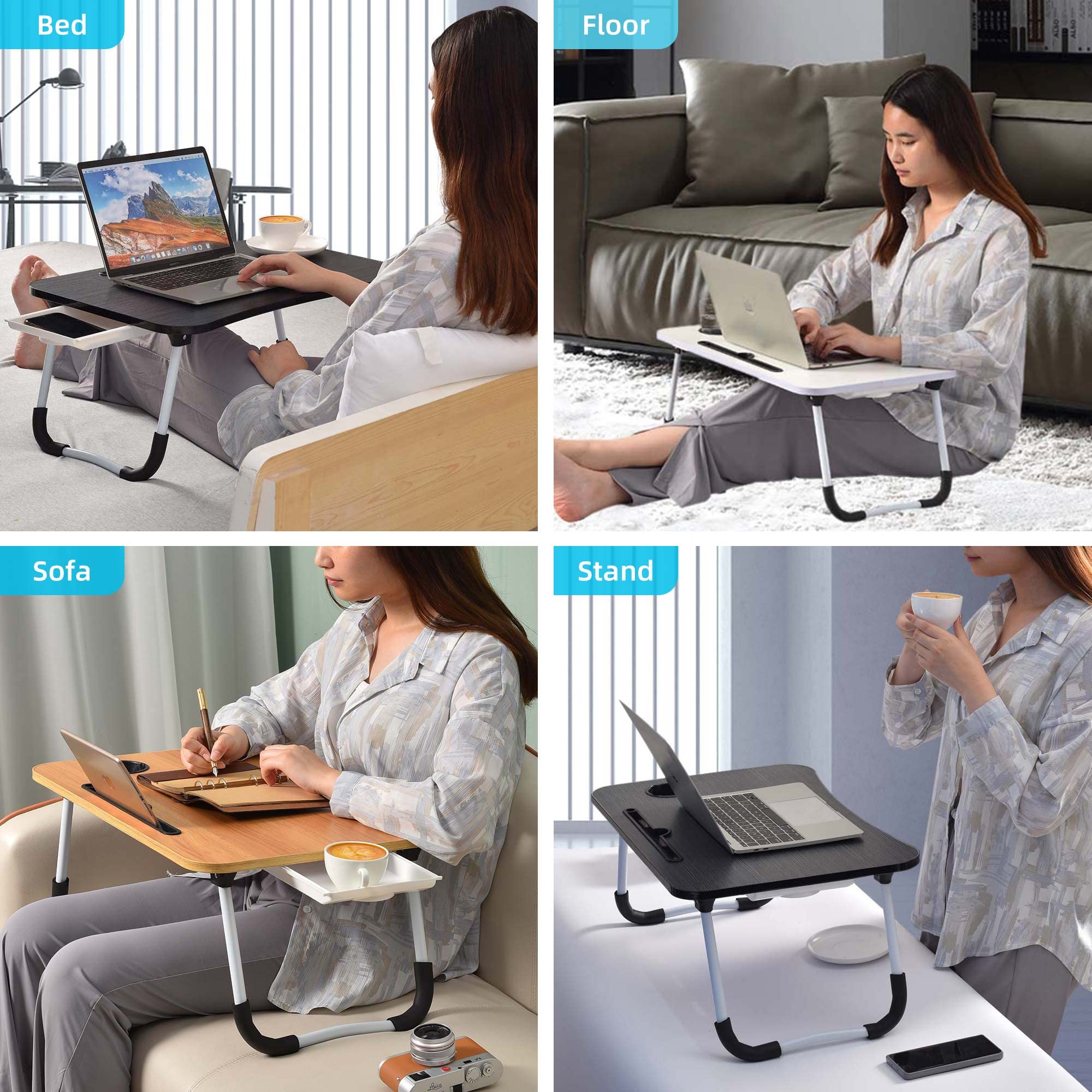 Laptop Bed Desk Table Tray Stand with Cup Holder/Drawer for Bed/Sofa/Couch/Study/Reading/Writing On Low Sitting Floor Large Portable Foldable Lap Desk Bed Trays for Eating and laptops(blackwalnut)