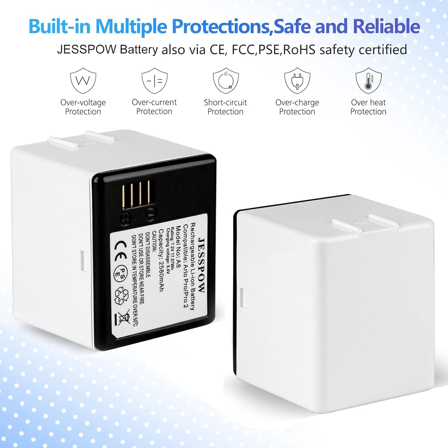 JESSPOW Replacement Battery for Arlo Pro, Arlo Pro 2 (VMA4400), 2-Pack 2580mAh Li-ion Rechargeable Batteries for Arlo Pro/Pro 2