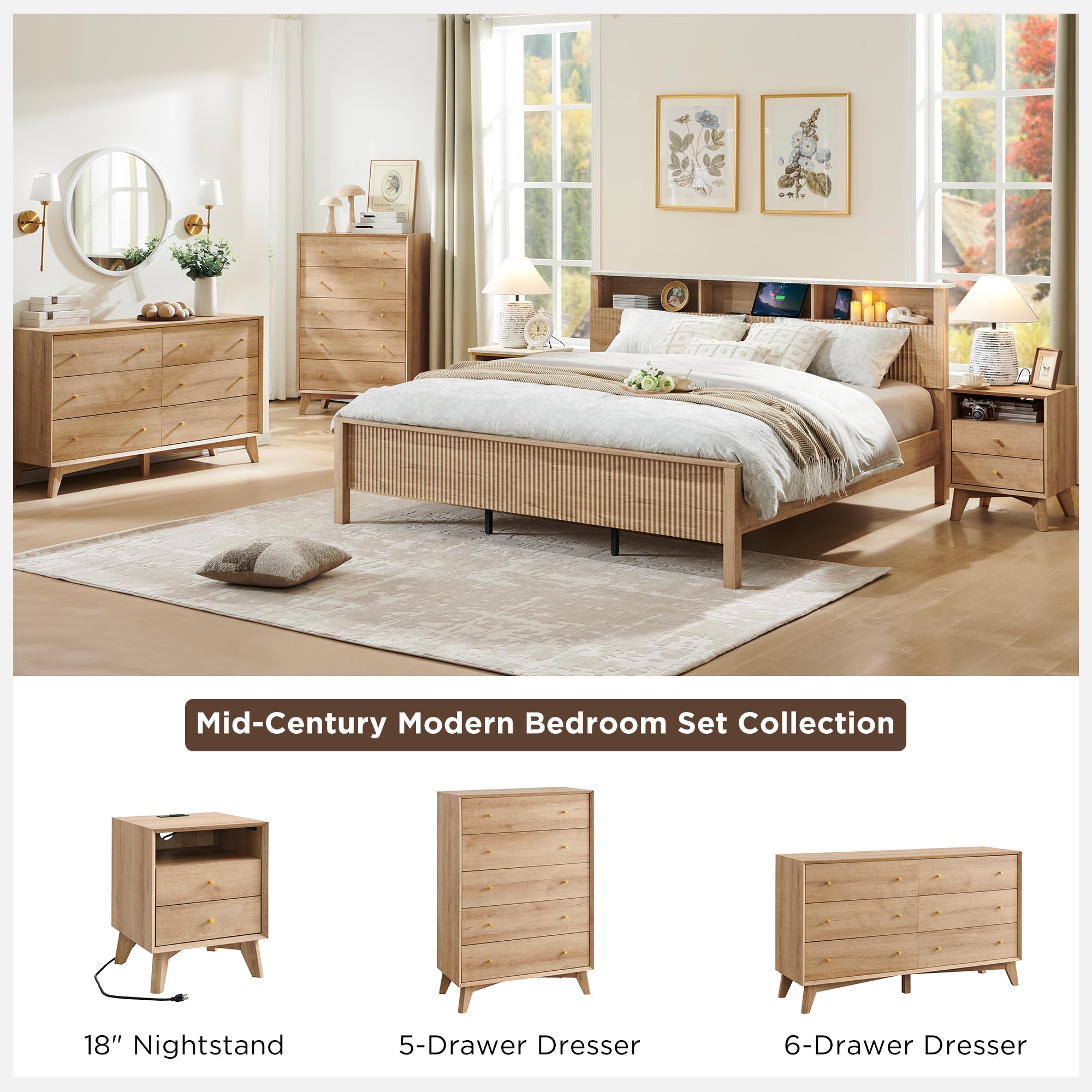 T4TREAM Beveled 6 Drawer Dresser, Natural Oak