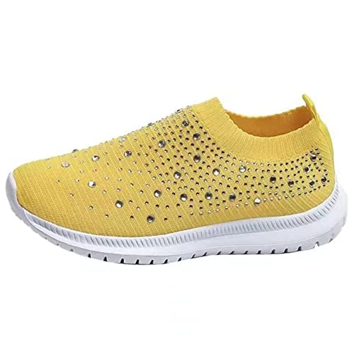 IMPREMEY Women's Sparkle and Shine Rhinestone Glitter Slip-on Mesh Walking Shoe with Non-Slip Sole Yellow