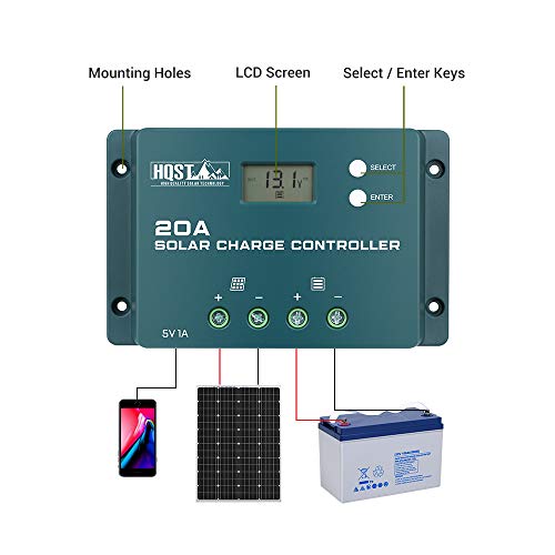 HQST 20A Charge Controller PWM 12V/24V Positive Ground Solar Panel Controller with LCD Display USB Port Overload Protection, Compatible with Gel, Flooded and Sealed Lead Acid/AGM Batteries
