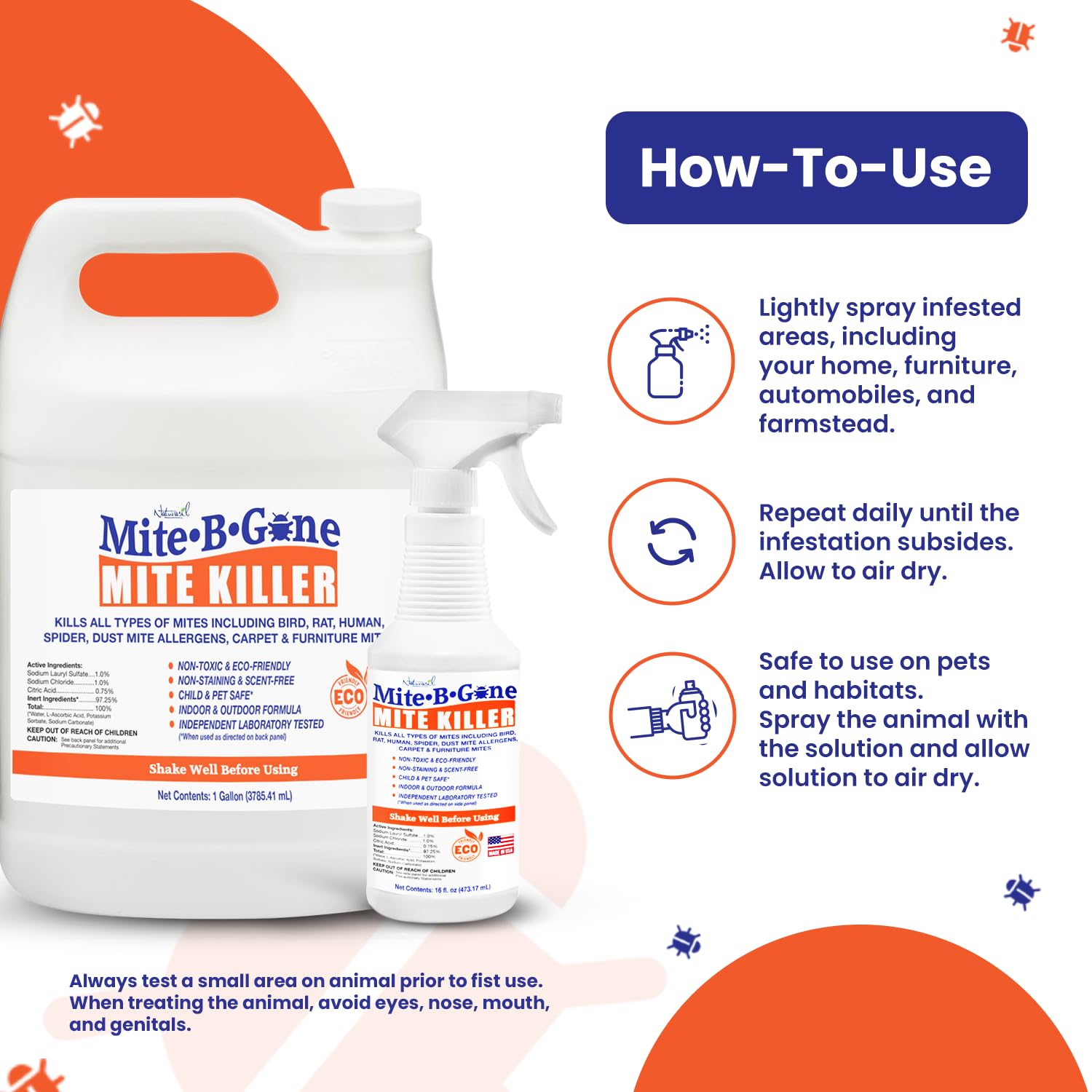 Mite Killer Spray by Mite-B-Gone β Kills Human Mites, Bird, Dust, Spider, Rat, Turkey, Carpet Mites. Treatment for Homes, Furniture, Bedding, Auto & Animals | Non-Toxic | Kid & Pet Safe | 16oz Spray
