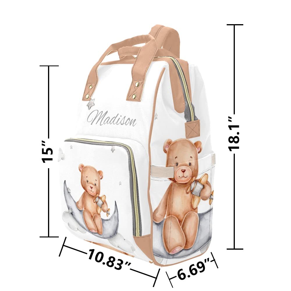 NZOOHY Teddy Bear Sits on Moon Personalized Name Diaper Bag Tote, Custom Waterproof Nursing Baby Bag Mummy Backpack for Mom Travel Outdoor 15'' X 10.83'' X 6.69''