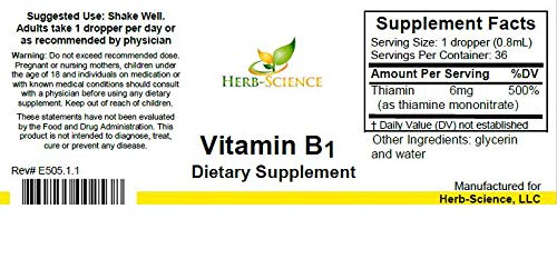 Herb-Science Liquid Vitamin B1 Drops - Daily Thiamine Supplement to Support Digestion, Nervous System, Heart Health, Stress Relief, Natural Energy Booster - 500% DV, 36 Servings per Bottle - 1 fl. oz.