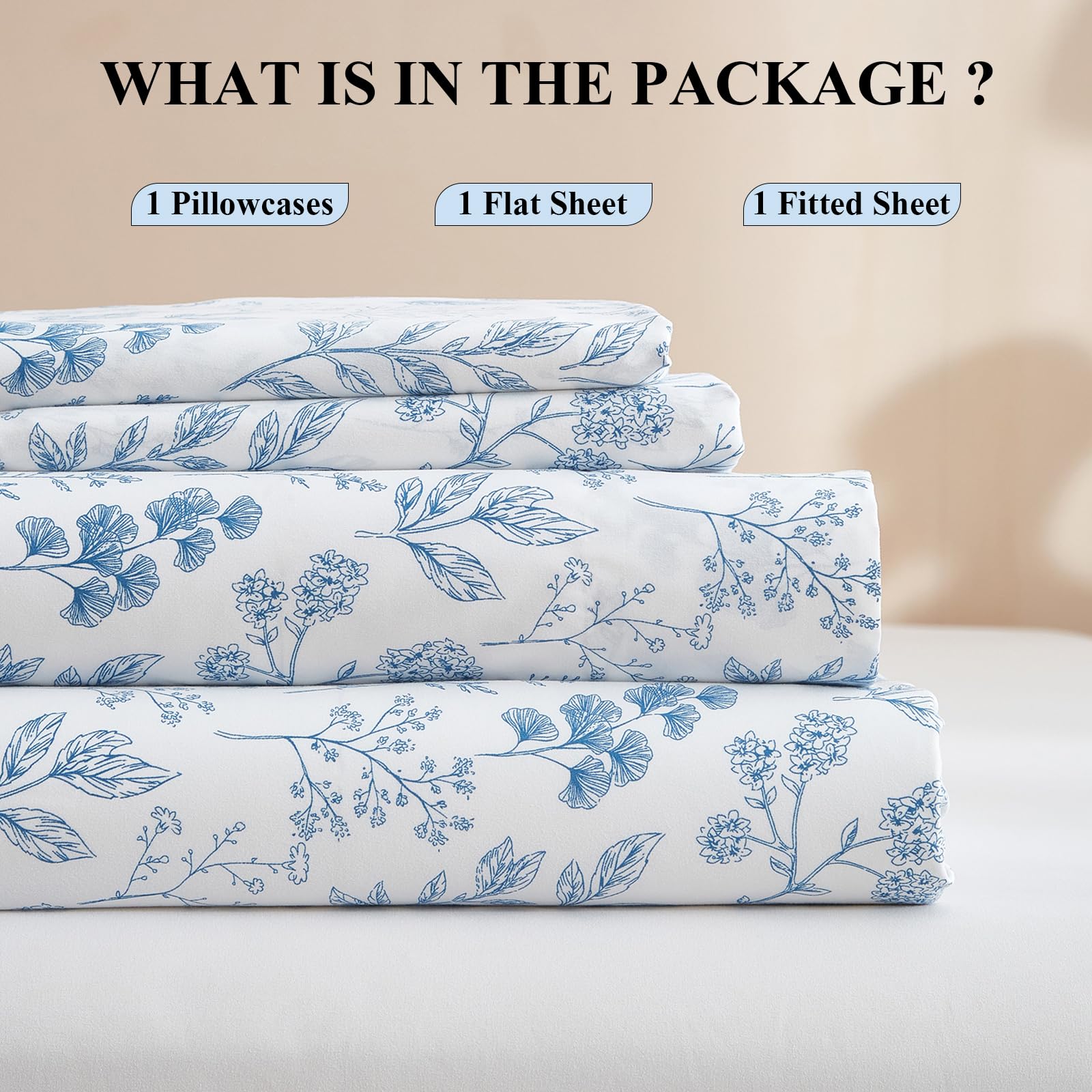 HighBuy Blue Floral King Sheets Set 4 Piece Cooling Bedding Sheet Set - Soft White Deep Pocket 16" - Easy Soft Fitted Sheet King Boho Floral,Flat Sheet,2 Pillowcases Set,Wrinkle Resistant