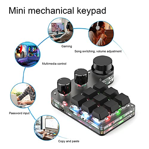 Qinlorgo Mini Custom Keyboard, 1200mAh 3 Knobs Mini Gaming Keyboard 9 Game Keys (Black)