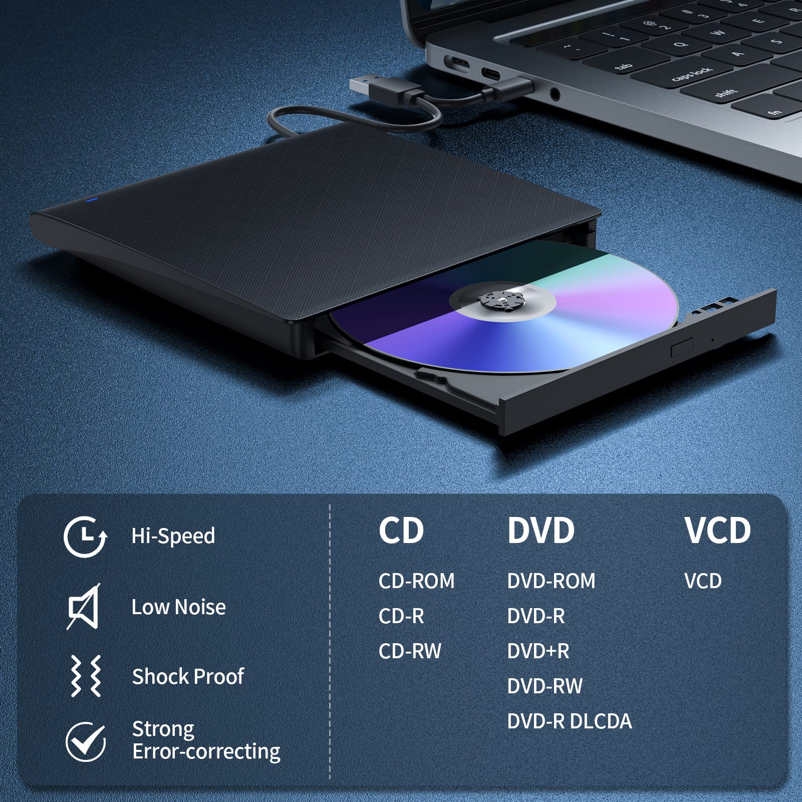 OOCLCURFUL External CD/DVD Drive for Laptop, USB 3.0 Type-C Portable CD/DVD Optical Drive Player Reader Writer CD Burner, Compatible with Laptop Desktop PC MacBook Mac Windows Linux OS (Jet Black)