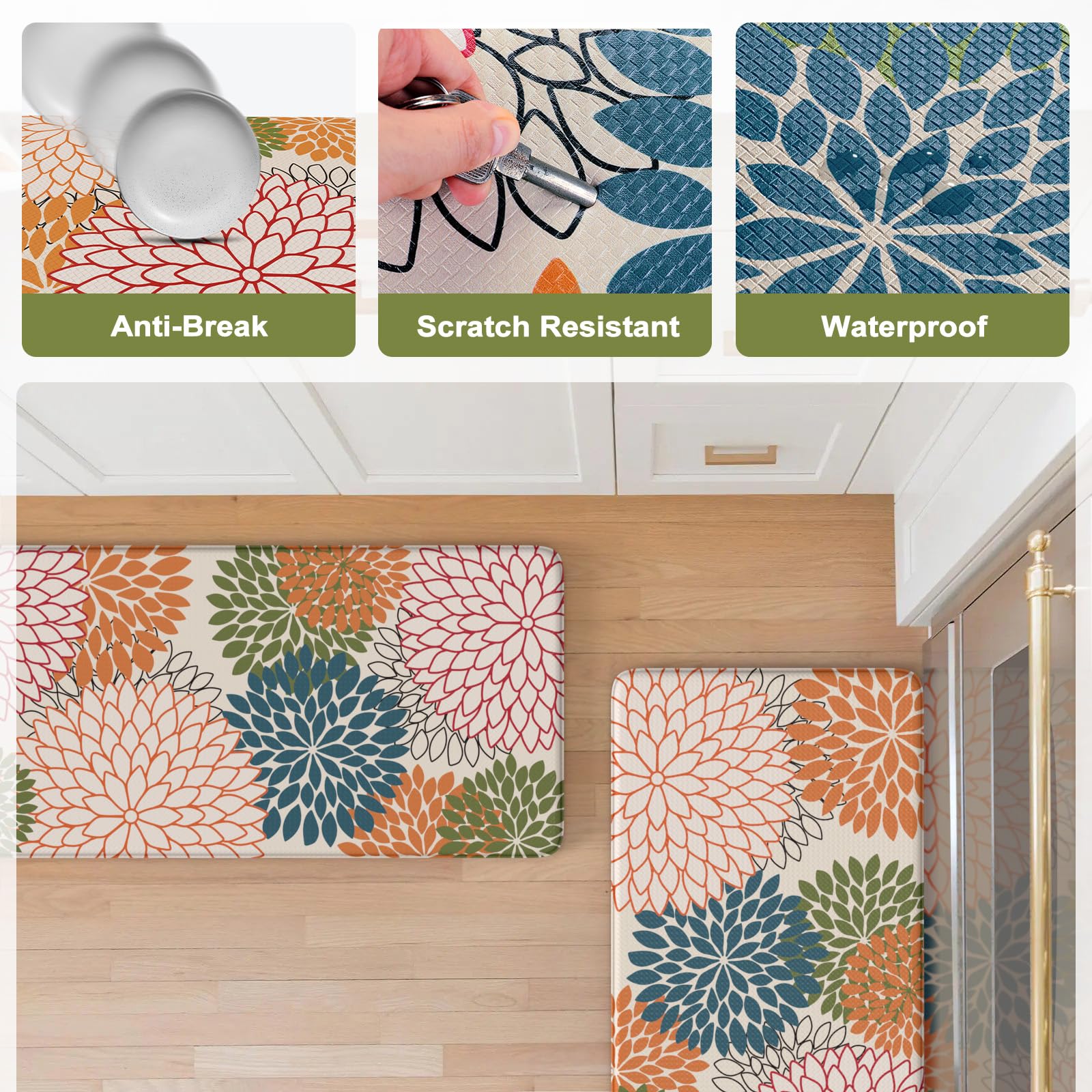 Kitchen Rugs and Mats Cushioned Anti Fatigue Kitchen Mat 2PCS Non-Skid Waterproof Kitchen Runner Rug Comfort Foam Standing Mat for Floors,Office,Laundry,Sink,Floral
