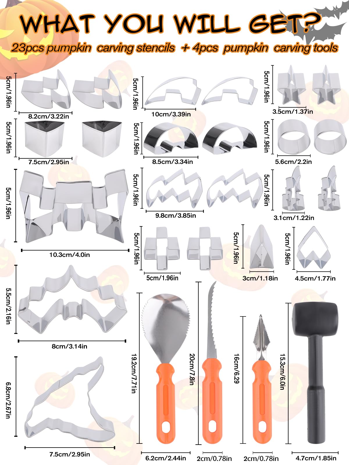 Rolcoassuns 27PCS Halloween Pumpkin Carving Kits,Pumpkin Carving Tools Set with 23PCS Stainless Pumpkin Carving Stencils,3 Carving Tools&1 Mallet for Adults Kids Easy Safe Fun DIY Halloween Decoration