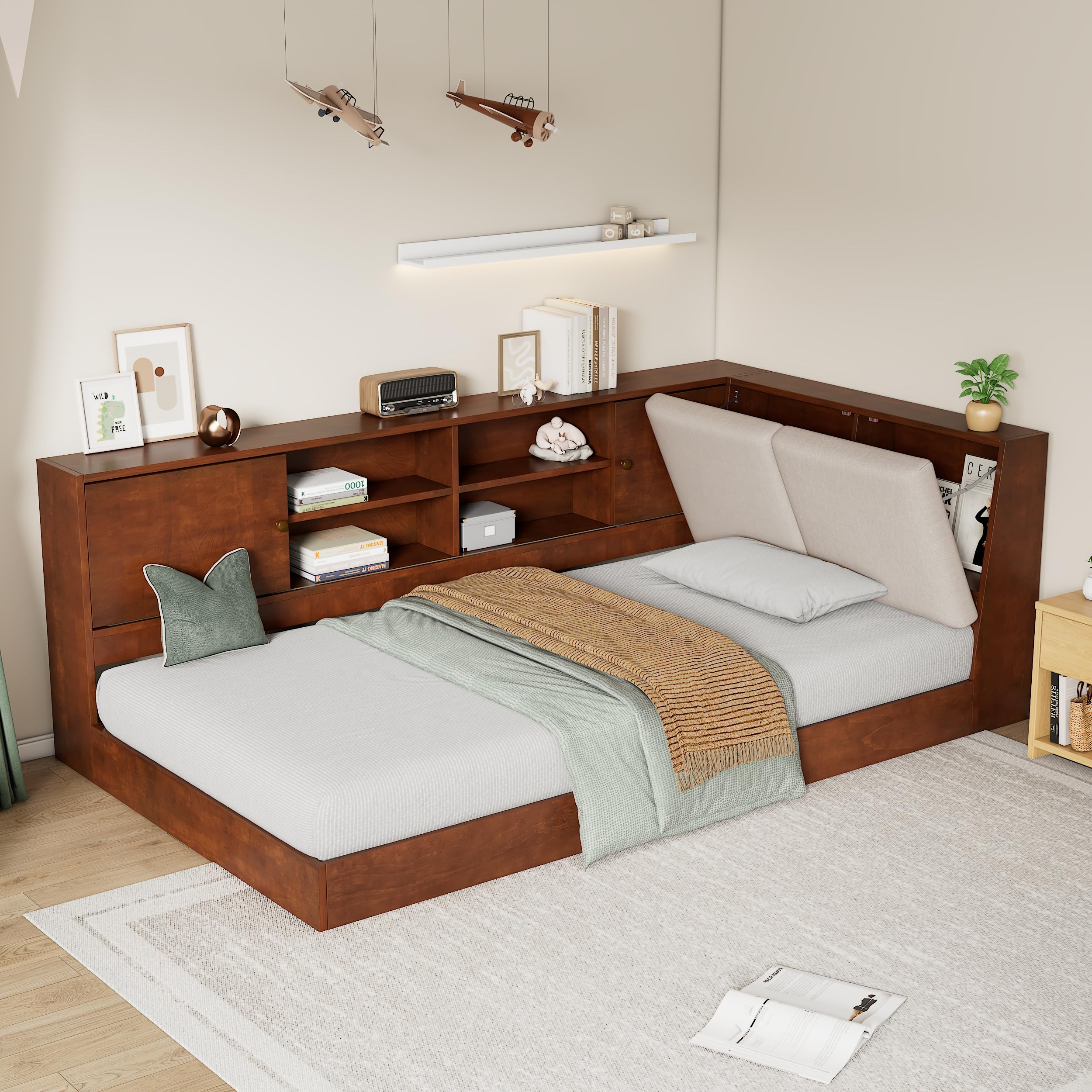 SOFTSEA Twin Size Daybed with Bookcase & USB Ports, L Shaped Floor Daybed with Upholstered Headboard, Wood Corner Bed Frame with Storage Headboard for Kids Teens Adults, Walnut