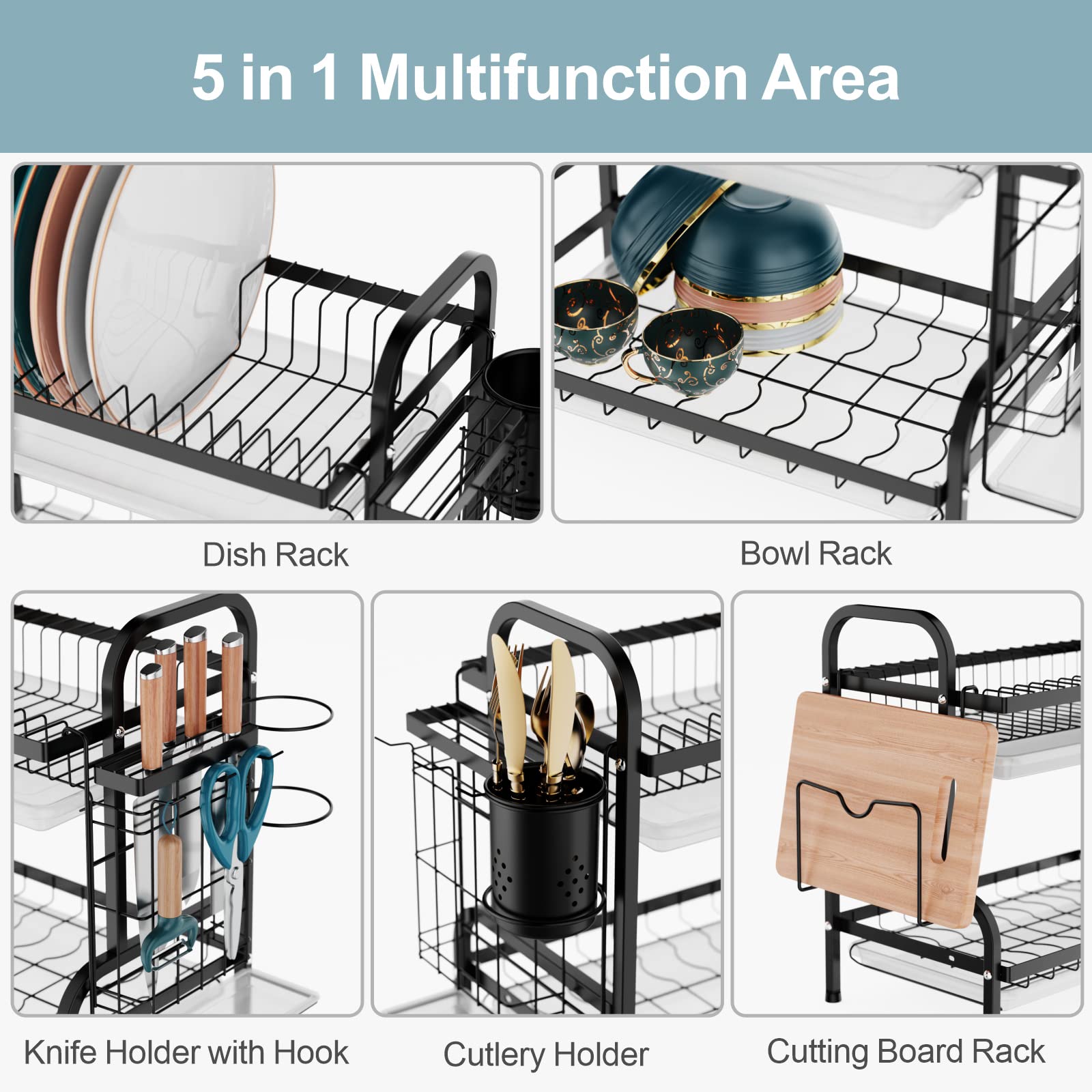 iSPECLE Dish Drying Rack - 2-Tier Dish Rack with Utensil Holder, Cutting Board Holder and Dish Drainer, Metal, for Kitchen Counter, Black