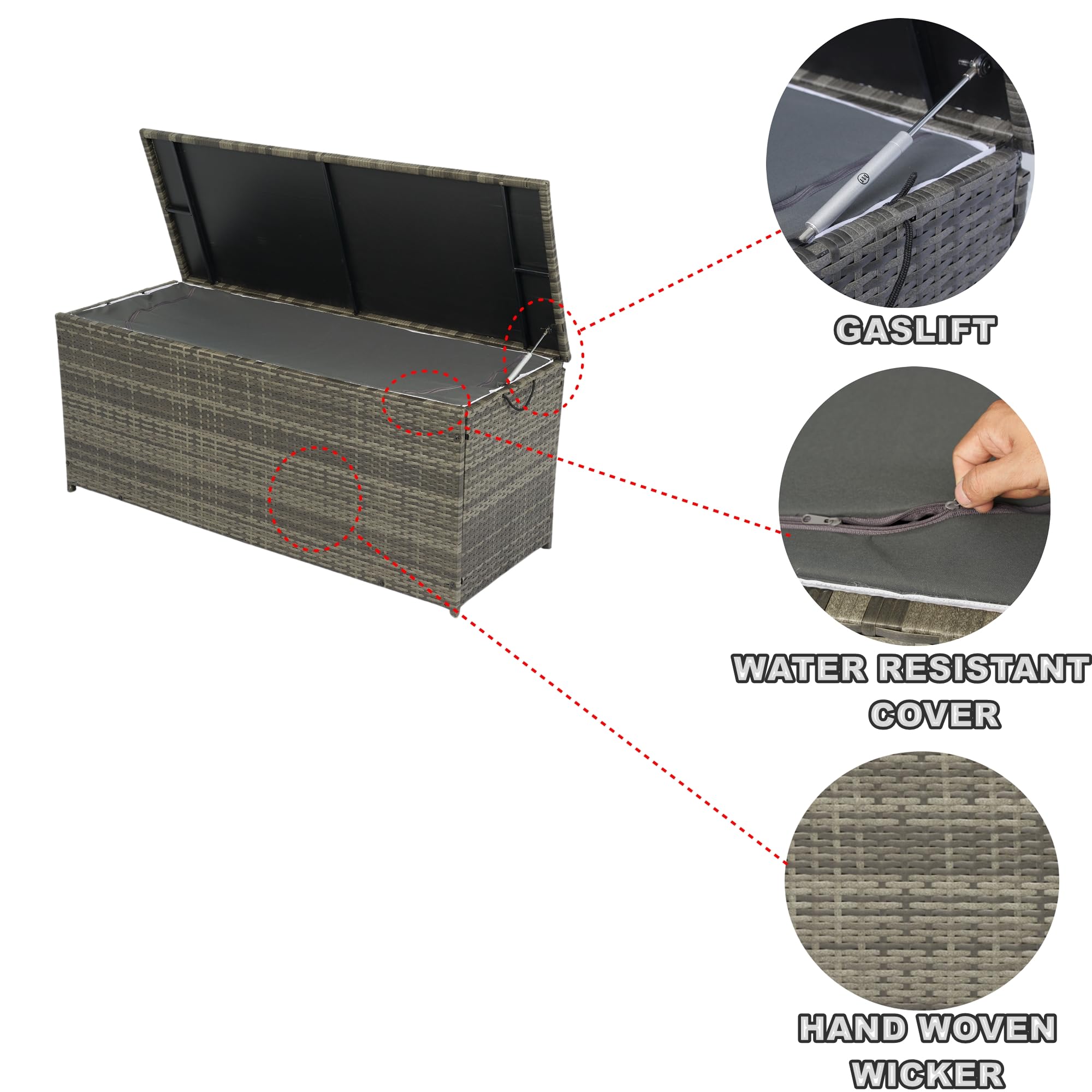 SEALODY Storage Box, 113 Gallon Wicker Patio Deck Box with Lid, Outdoor Deck Box for Toys, Pillows, Garden Tools, Grey
