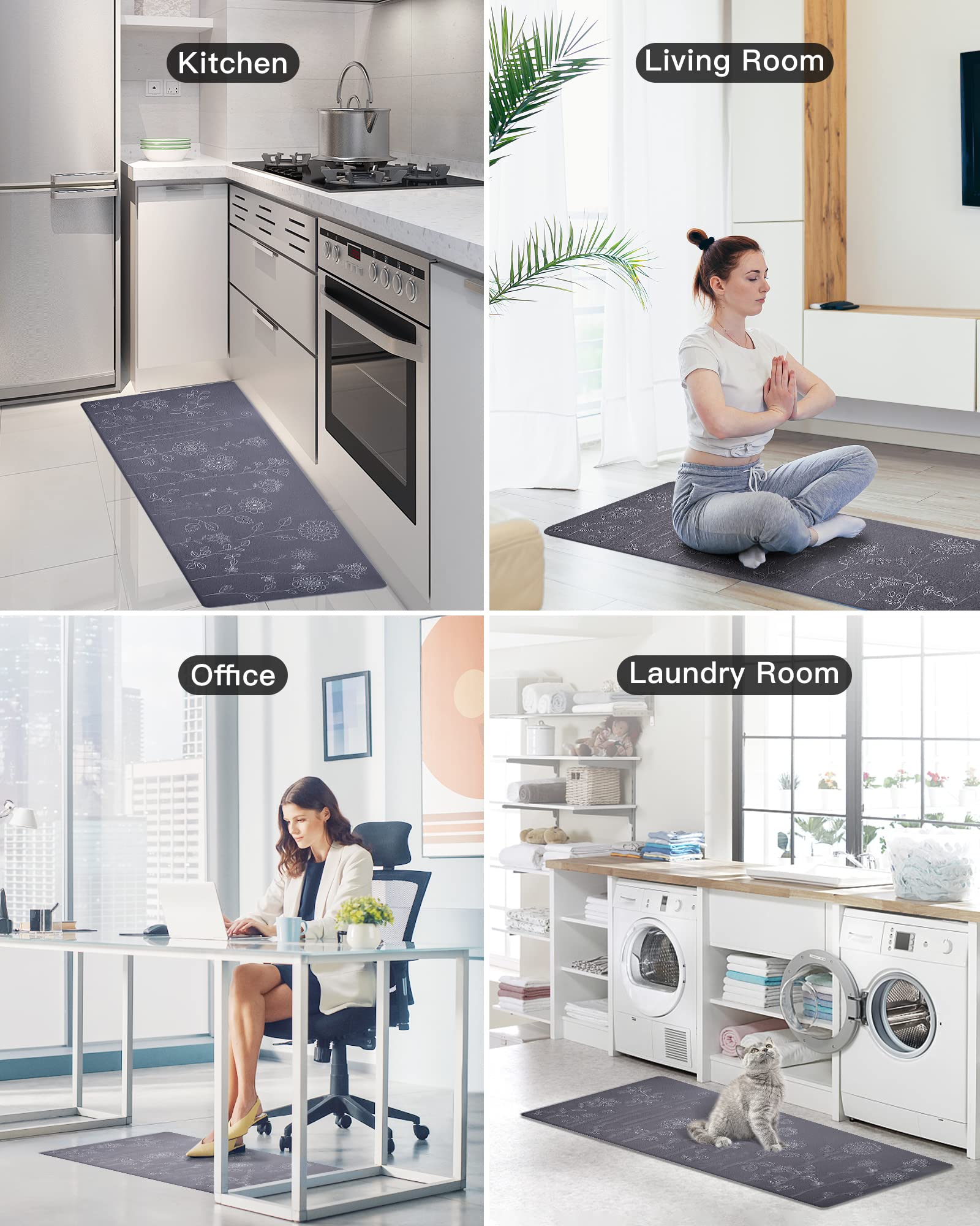 Kitchen Rugs and Mats Cushioned Anti Fatigue, WHTOR 2 PCS Non Skid Kitchen Runner Rugs, Waterproof Memory Foam Kitchen Floor Mat, Standing Desk Mat for House, Sink, Office, Kitchen (Gray)