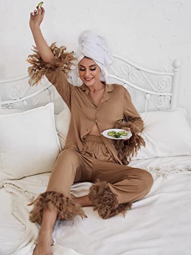 WDIRARA Women's Sleepwear 2 Piece Fuzzy Trim Button Down Long Sleeve and Pants Pj Set Camel M