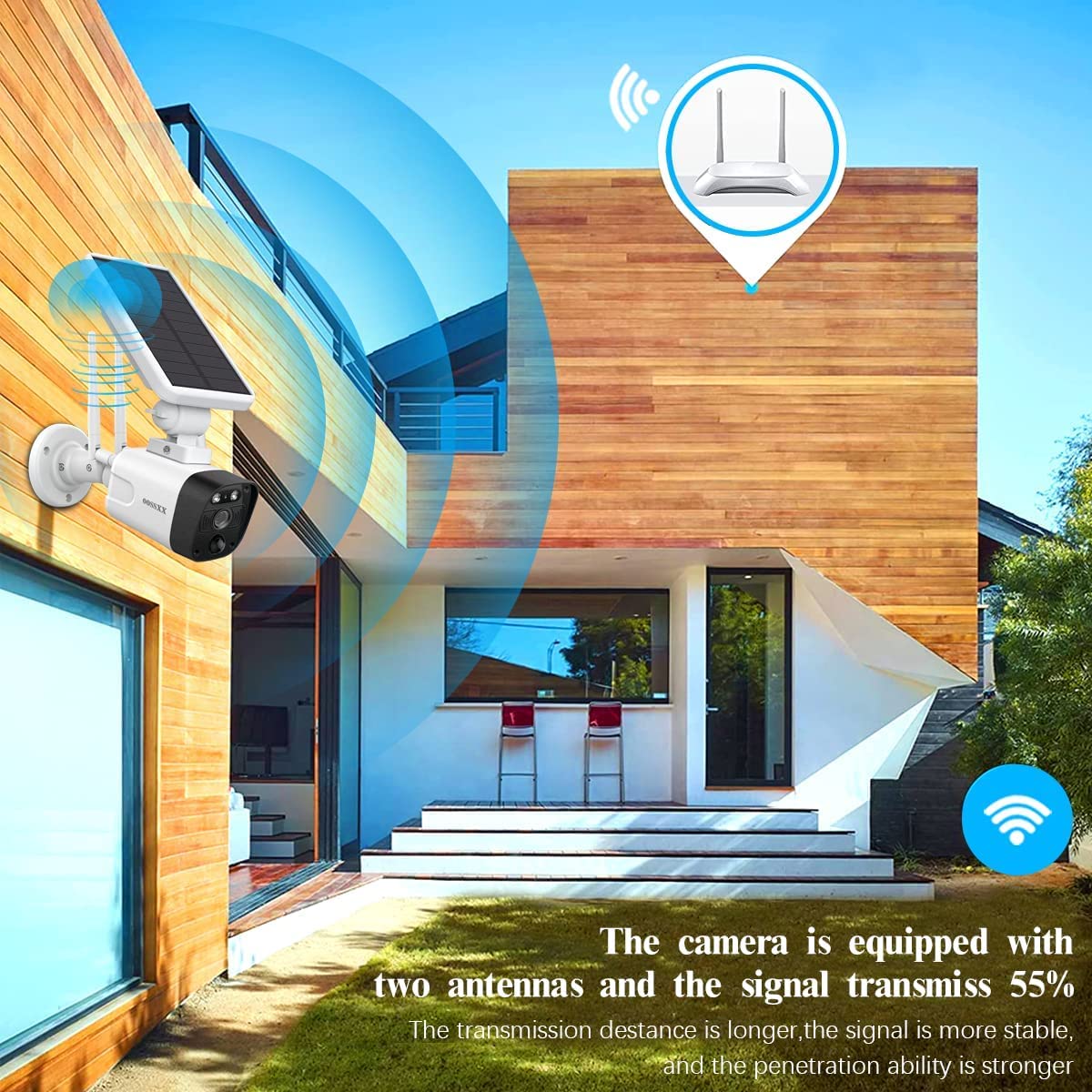 OOSSXX Solar Battery Security Camera Outdoor Wireless Solar Powered Wireless Camera with Rechargeable Battery, WiFi Home Surveillance Camera for Multi-User Use, 3.0MP with Two Way Audio 2 Packs