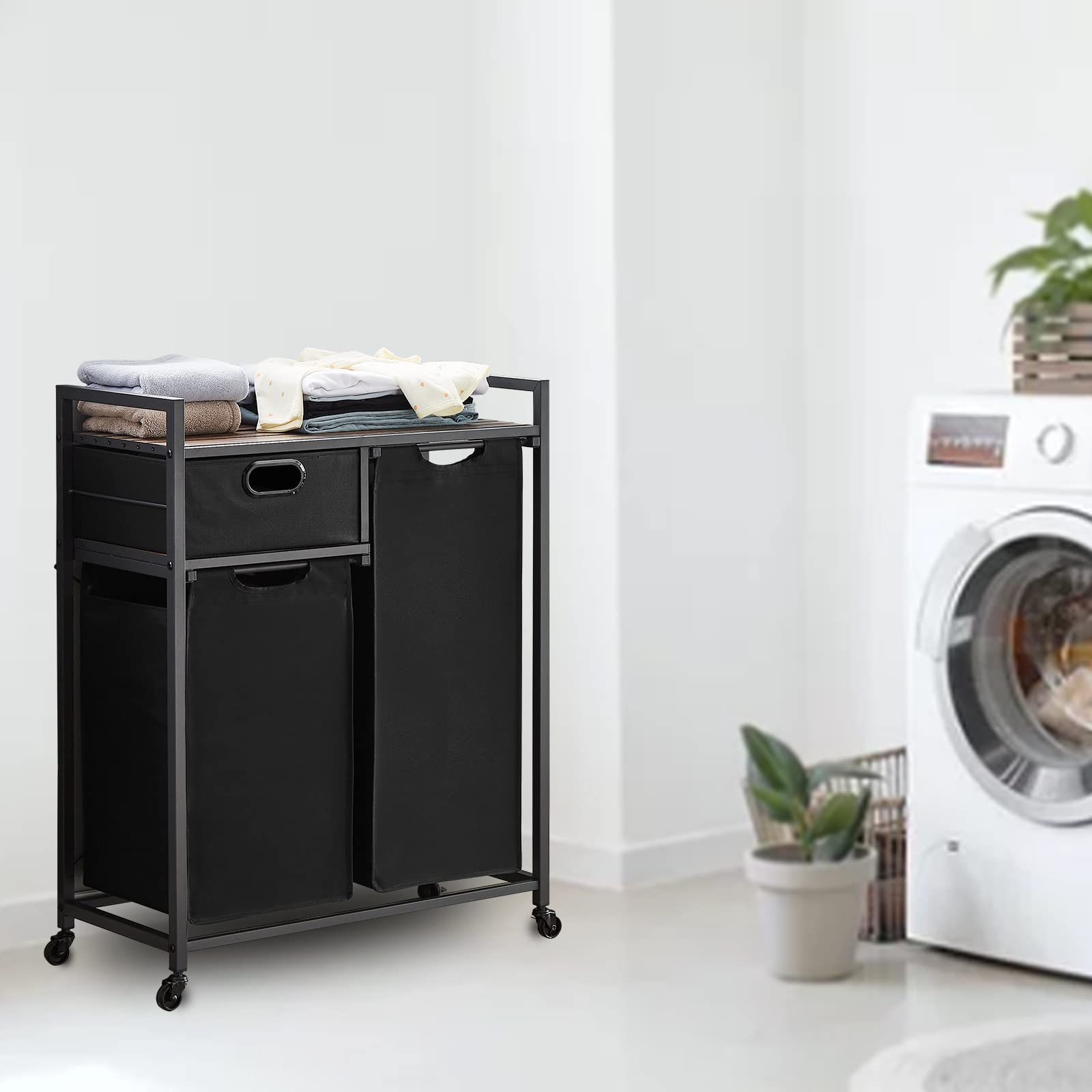 Zevemomo Laundry Basket Hamper with Wheels,2 Laundry Bags & Drawer, Laundry Hamper with Shelf for Laundry,Laundry Room Organization, Rustic Brown and Black
