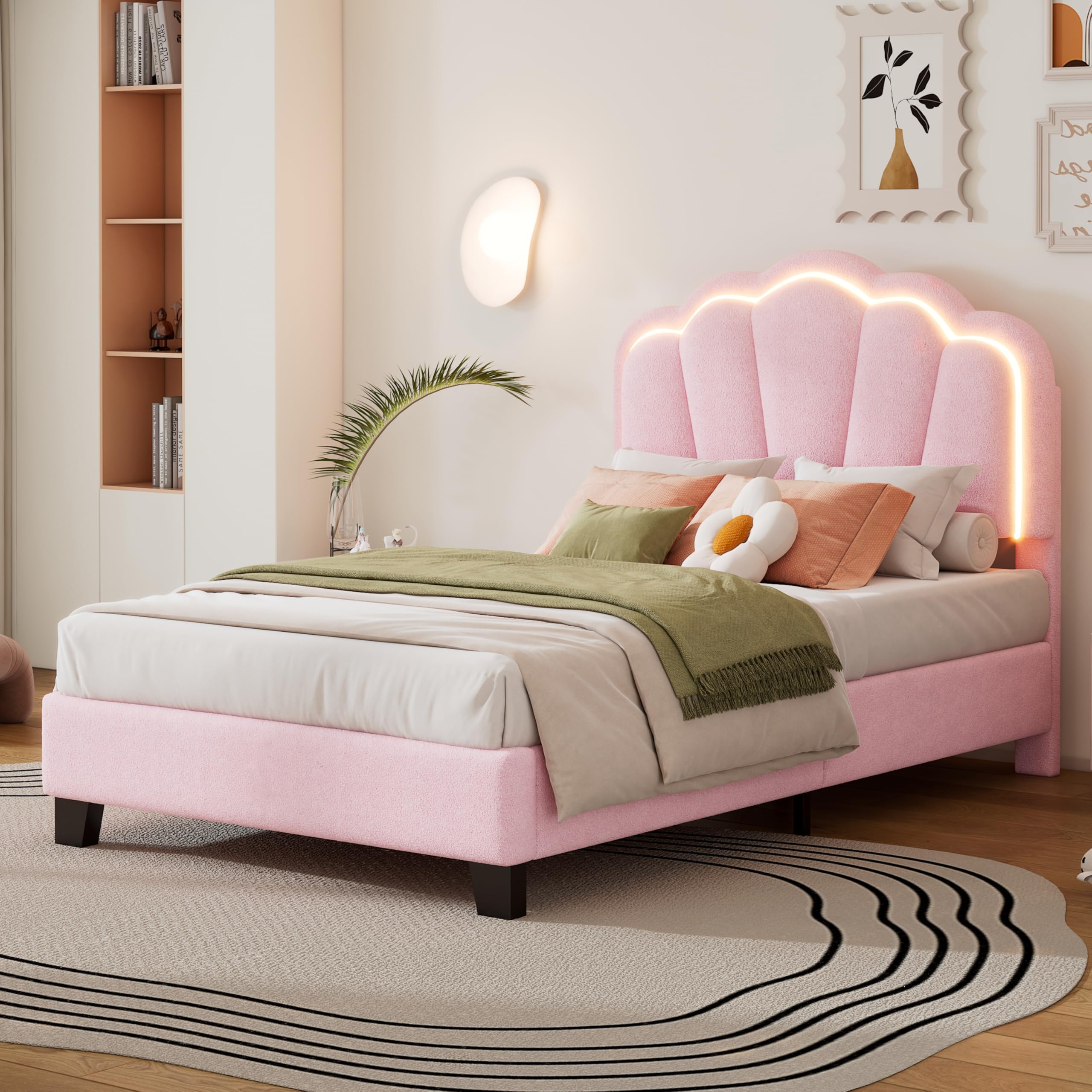 SOFTSEA Twin Upholstered Bed with LED Lights, Adjustable Headboard, Princess LED Bed Frame with Shell Headboard, Fleece Platform Bed for Kids Girls, Wood Slats Support, White
