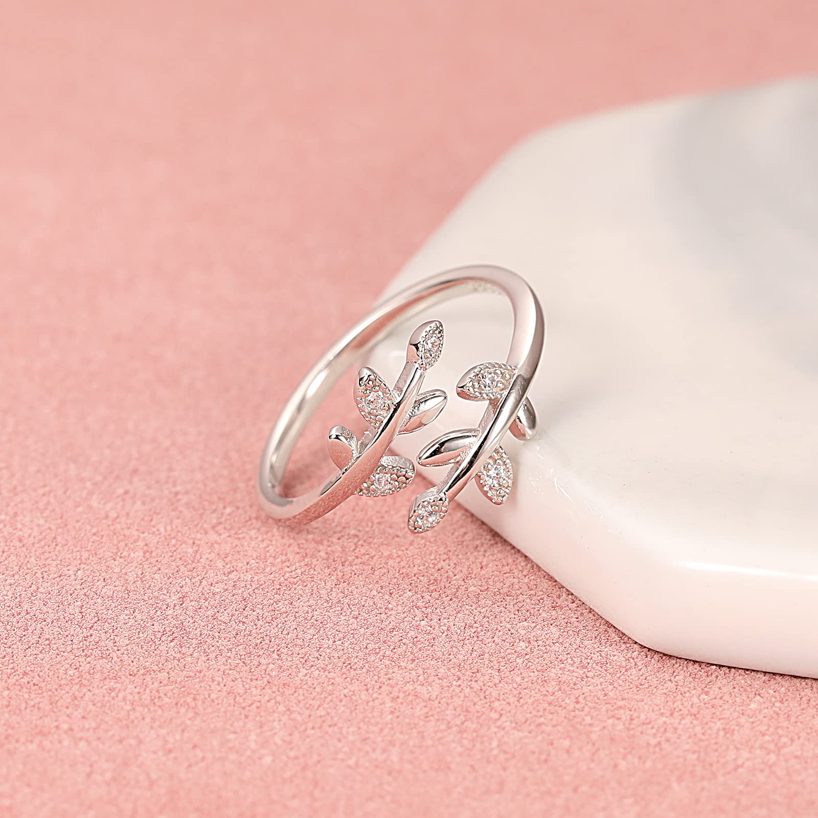 LOVECOM 925 Sterling Silver Leaf Rings With Zircon for Women Open Adjustable Statement Wedding Bands Jewelry Gifts for Her (Silver)
