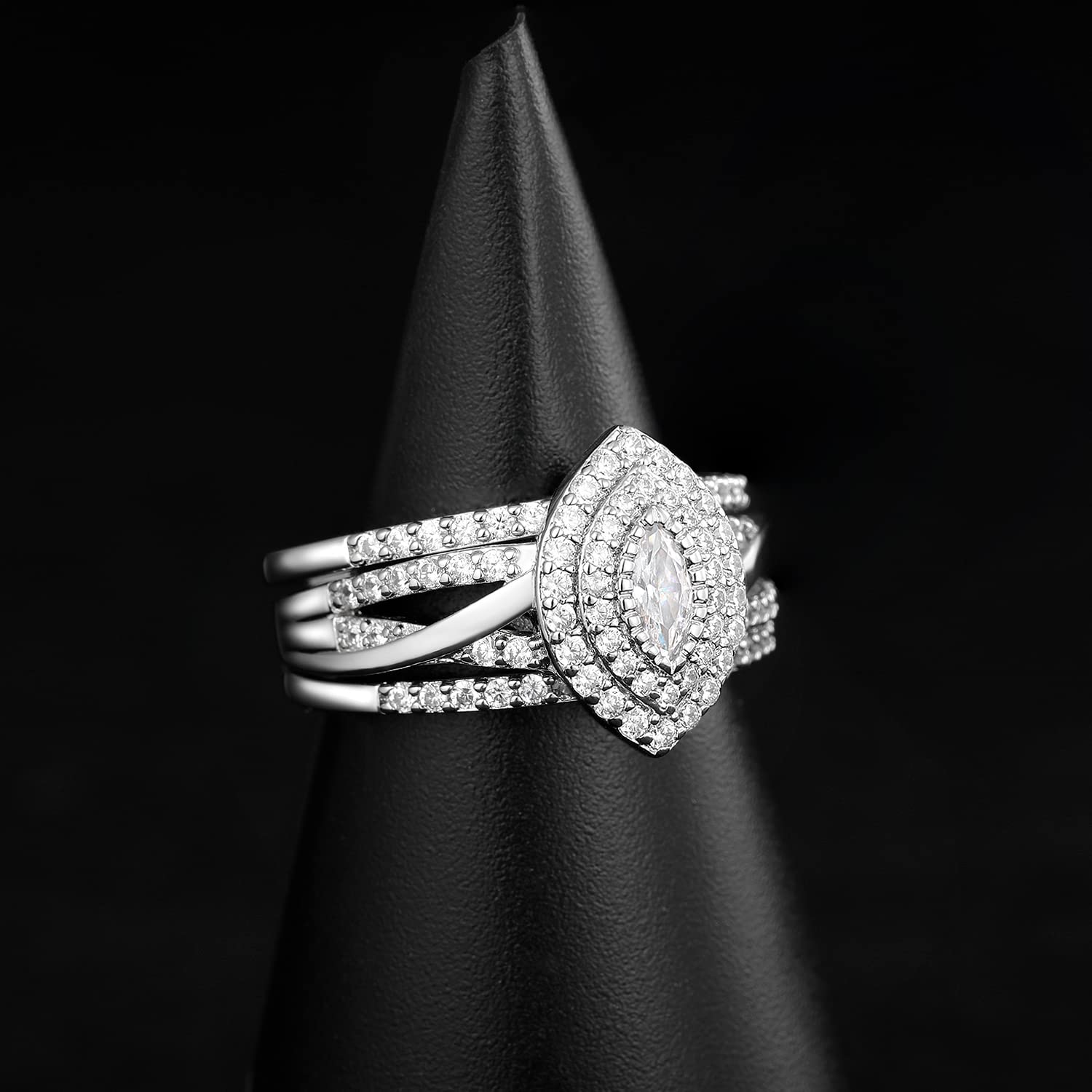 MDFUN Stackable Rings for Women 18K White Gold Plated Three-in-One Marquise Mini Halo CZ Wedding Engagement Promise Eternity Band (6)