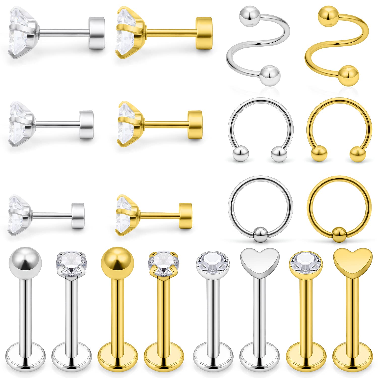 Lcolyoli 20Pcs 16G Helix Piercing Jewelry Stainless Steel Cartilage Earring Flat Back Tragus Single Earring Lip Rings Hoop Labret Studs Daith Rook Piercing
