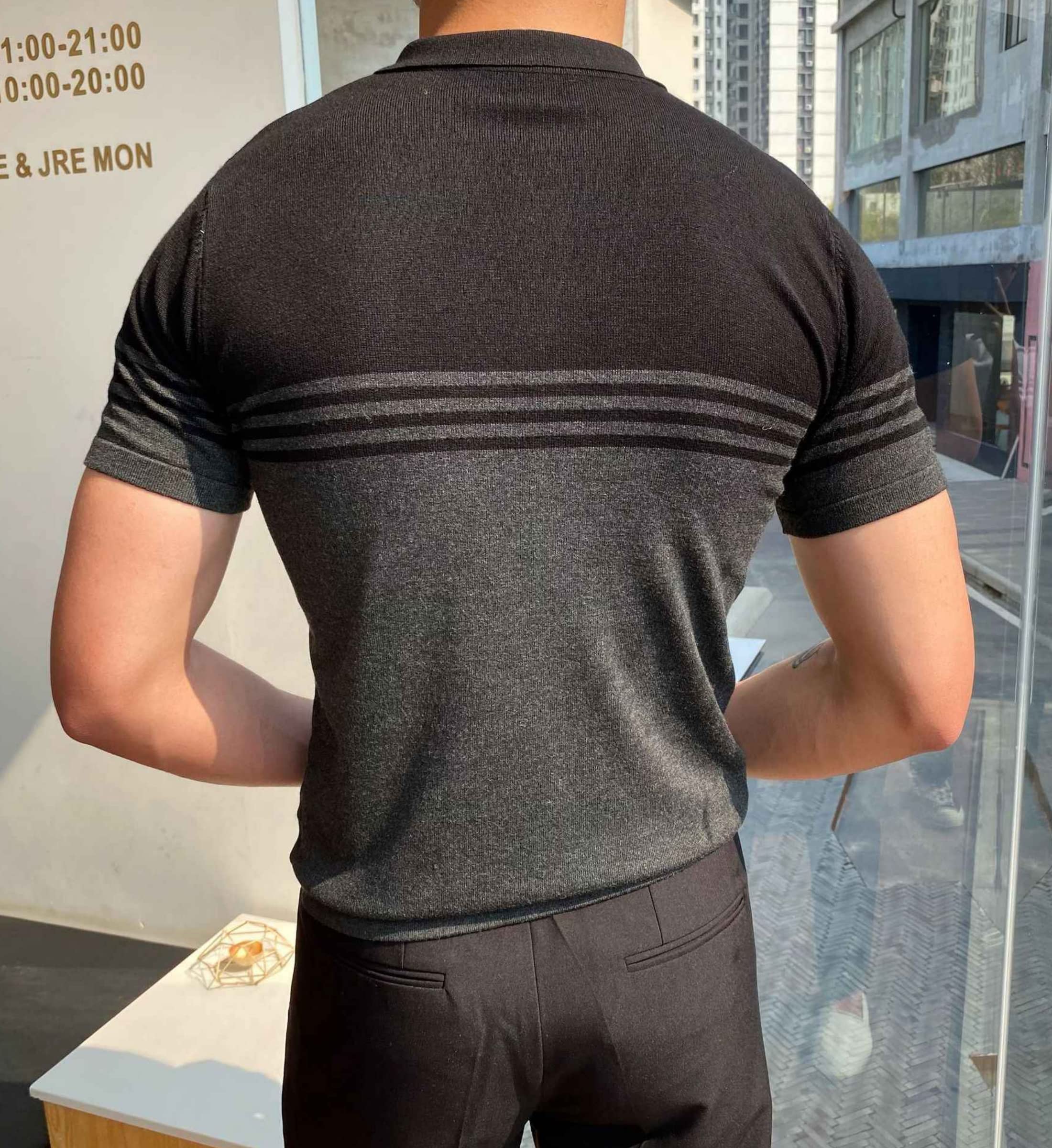 Mens Short Sleeve Knit Polo Shirts Casual Stripe Color Block Classic Fit Golf T-Shirts Button Lightweight Tees
