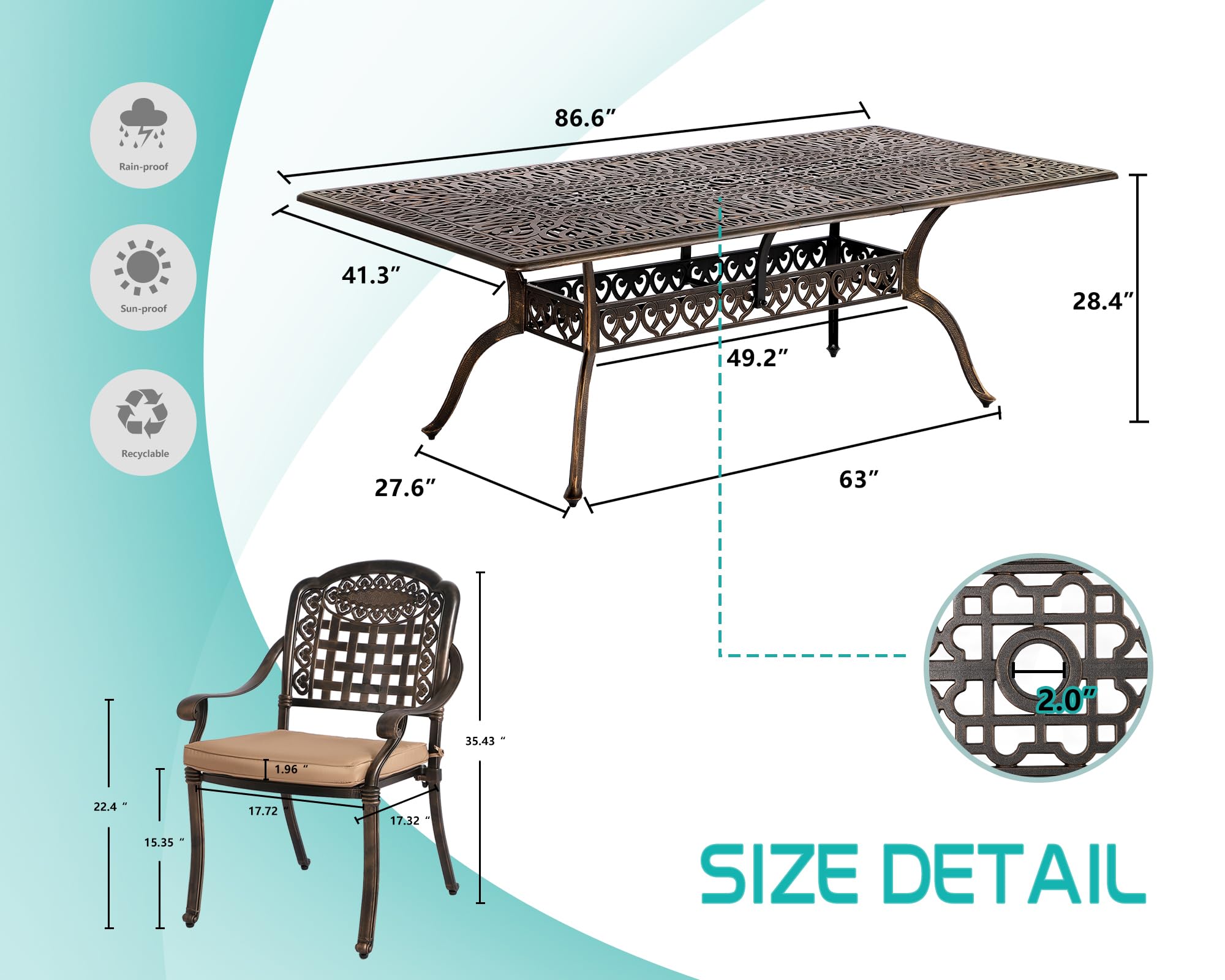 TITIMO 9-Piece Cast Aluminum Patio Furniture Set, Outdoor Dining Set Bistro Conversation Set, 8 Chairs and Rectangle Dining Table with Cushions and Umbrella Hole (8 Stackable Chairs)