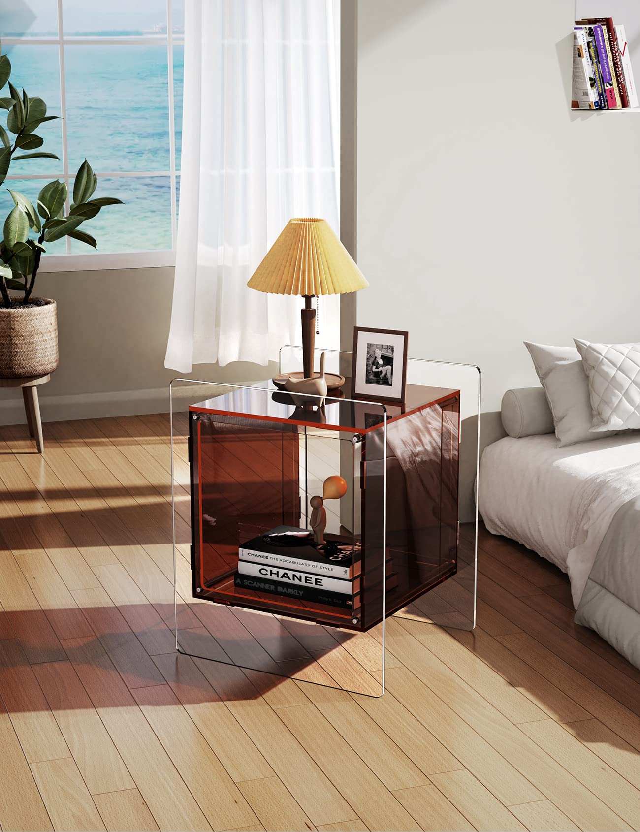 solaround Acrylic Nightstand Colorful Bedside Table with Open Storage Shelf,Clear Side Table for Living Room (1, Dark Brown)