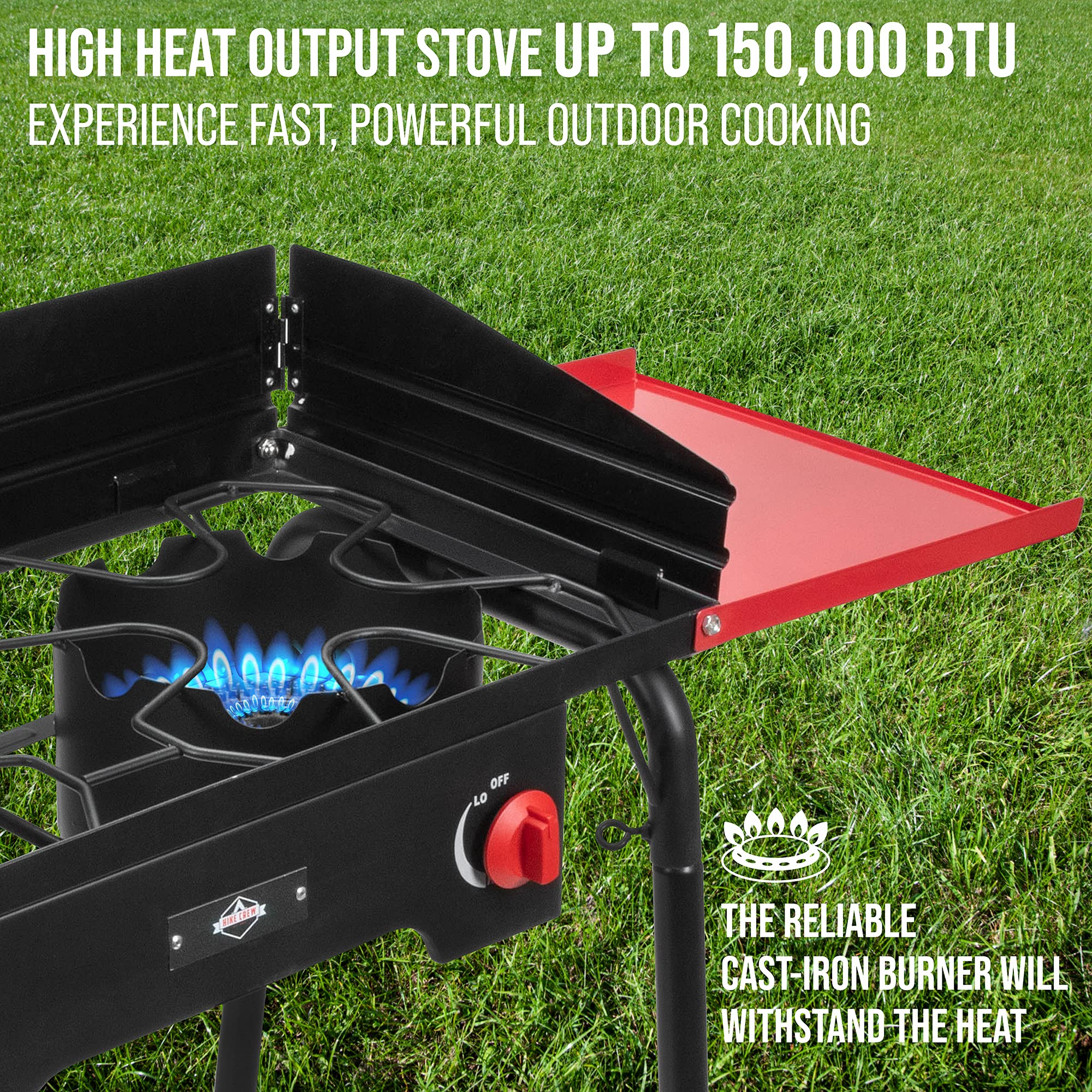 Hike Crew Cast Iron Double-Burner Outdoor Gas Stove | 150,000 BTU Portable Propane-Powered Cooktop with Removable Legs, Temperature Control Knobs, Wind Panels, Hose, Regulator & Storage Carry Case