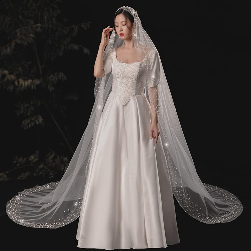 JHOO Women Pearl Edge Cathedral Length Wedding Bridal Veil with Comb 118'' (Off White)