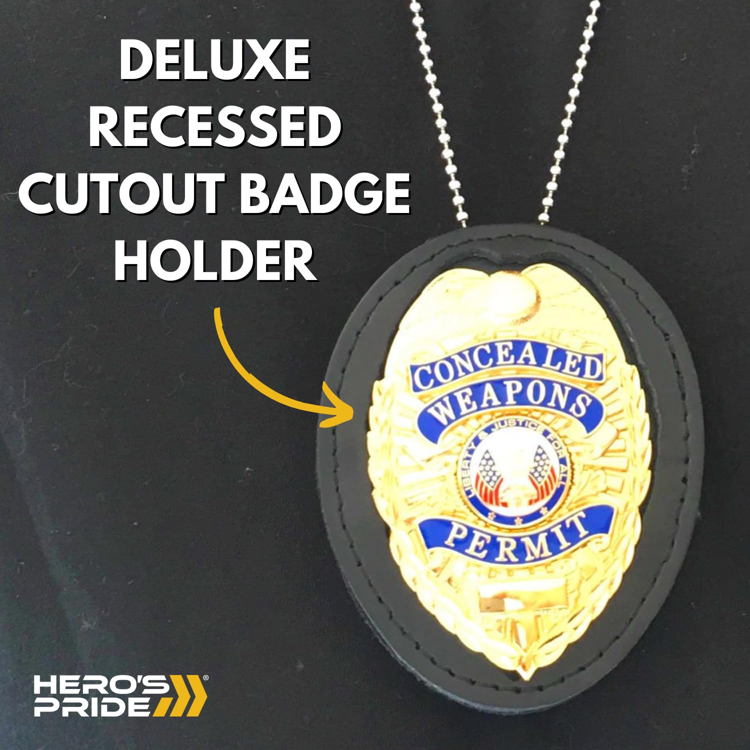Hero's Pride Deluxe Recessed Cutout Teardrop Badge Holder, Standard Issue Leather Shield Case, Spring Clip and Neck Chain, 3" x 3-3/4" (9150T-0001)