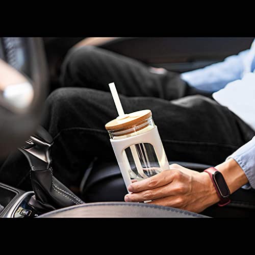 Kodrine 20oz Glass Water Tumbler with Straw and Lid,Bamboo Lids Water Bottle, Iced Coffee Cup Reusable, Wide Mouth Smoothie Cups, Straw Silicone Protective Sleeve BPA FREE-White