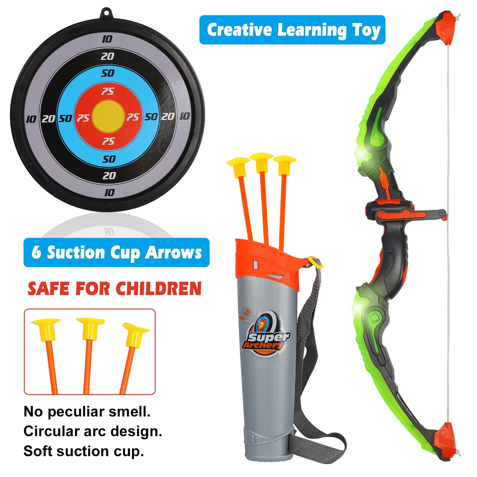 MorTime 2 Pack Bow and Arrow Set with LED Flash Lights, Practice Outdoor Toys for Kids ,Green Light Up Archery Toy Set -includes 6 Suction Cup Arrows