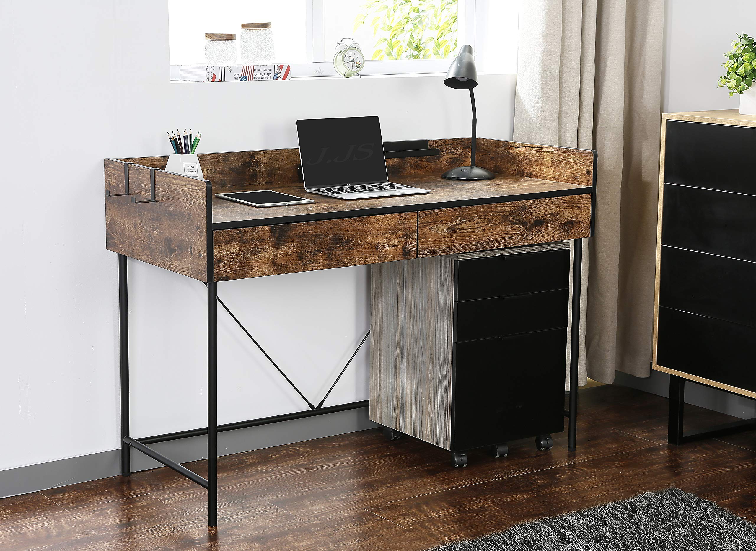 JJS 3 Drawer Rolling Wood File Cabinet with Locking Wheels, Home Office Portable Vertical Mobile Wooden Storage Filing Cabinet for Letter Size, Black
