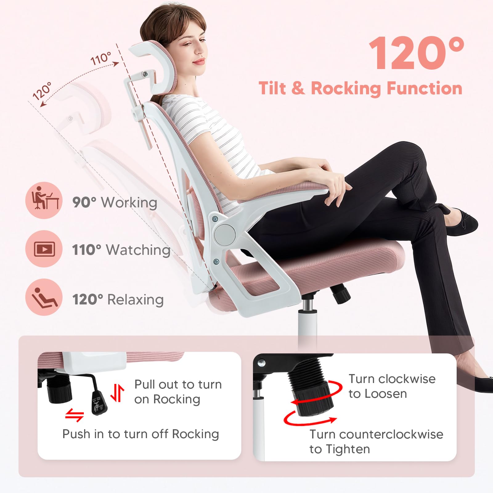 SEATZONE Ergonomic Office Chair Mesh Back Support Desk Chairs with Wheels and Flip-up Arms, Comfortable Computer Chair Lumbar Support for Teens and Adults, Dusty Pink
