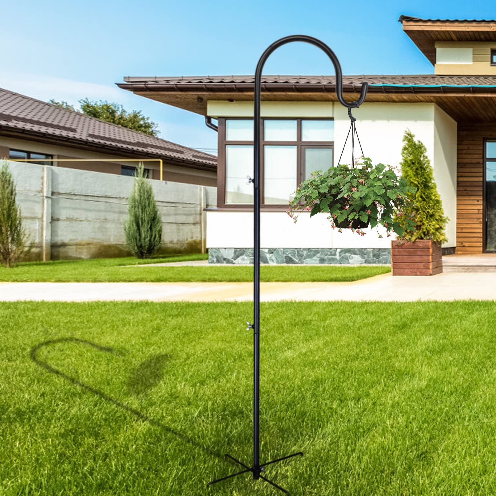 MorTime 2 Pack Outdoor Shepherd Hooks, 77 inches Heavy Duty Extendable Metal Garden Hanger Stake Pole with 5 Prong Base for Plants Bird Feeders Wedding Decor Lanterns Wind Chimes