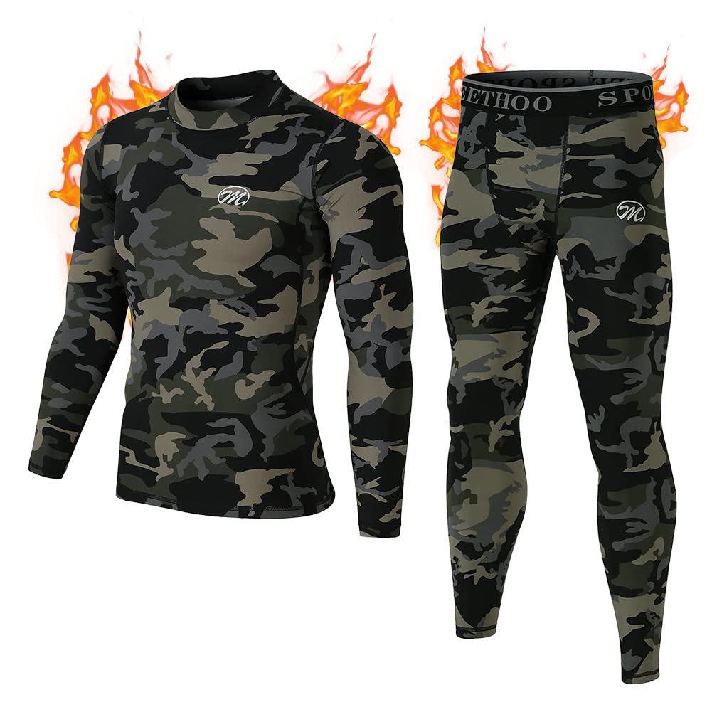MeetHoo Men’s Thermal Underwear Set, Compression Base Layer Sports Long Johns Fleece Lined Winter Gear Running Skiing, Camo, Large