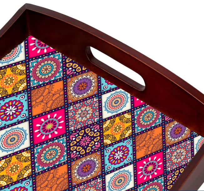 Mandala Printed Wood Serving Tray with Handles, Wooden Serving Tray, Snack Tray, Breakfast Tray, Great for, Breakfast, Coffee Tables, Homes, Restaurant Size- 15" x 10" x 1.75"