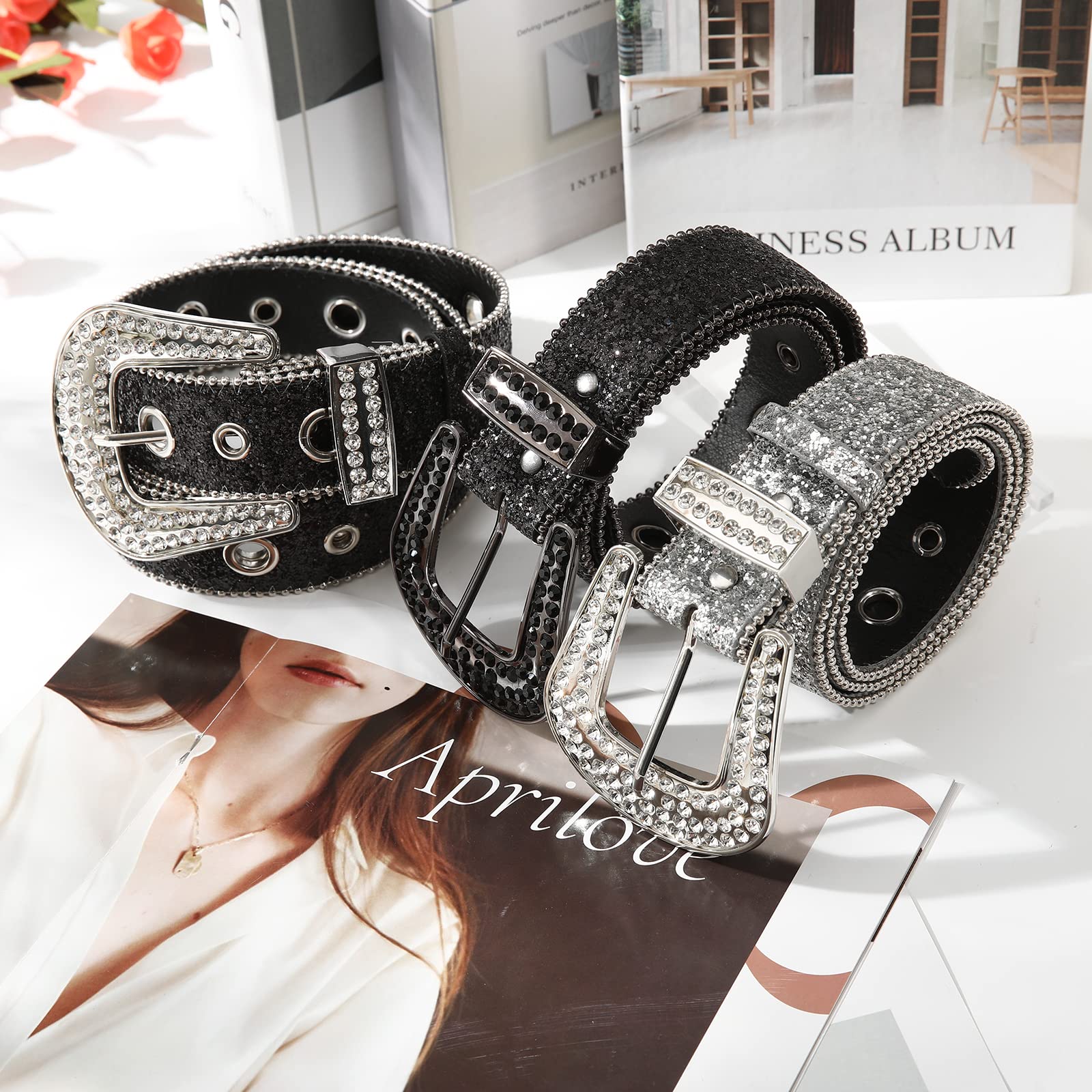Kajeer Rhinestone Belt for Men Women, Vintage Cowgirl Diamond Bling Belts for Jeans(Silver, Small)