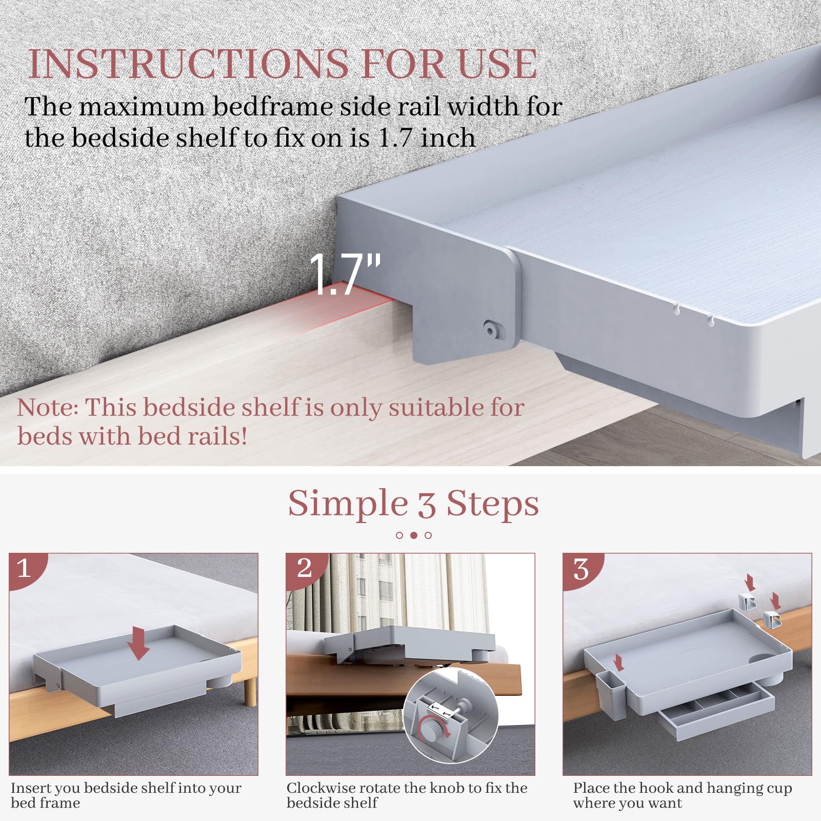 SOLEJAZZ Bedside Shelf for Bed, Foldable Bunk Bed Shelf for Top Bunk Clip On Nightstand with Drawer, College Dorm Essential Table Caddy Tray Organizer Bedroom Shelf, Plus Size with Drawer, Grey