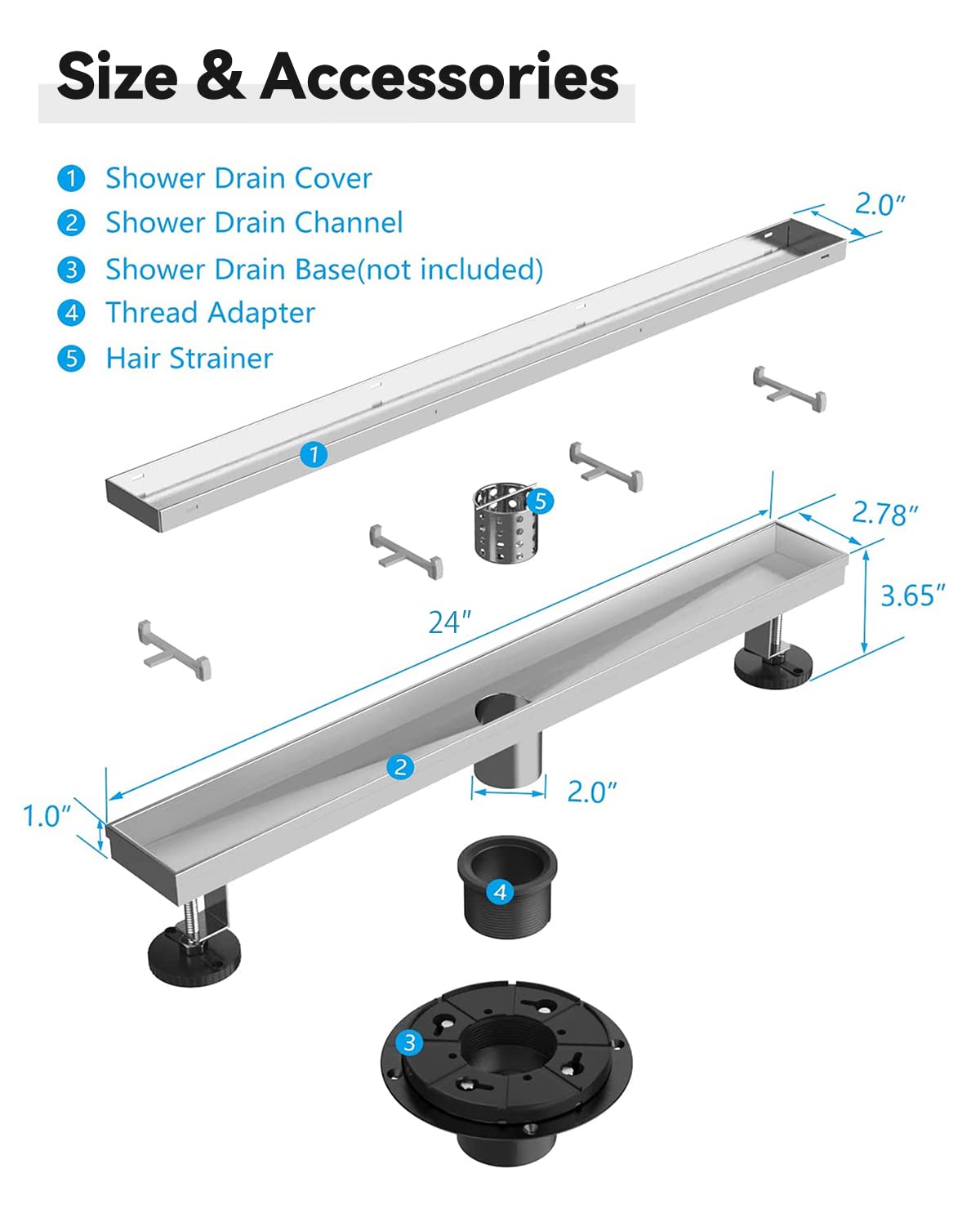 HTOH Shower Drain, 2 in 1 Linear Shower Drain 24 Inch(Brushed Nickel), 304 Stainless Steel Shower Floor Drain with Tile Insert Grate,Adjustable Feet,Hair Filter